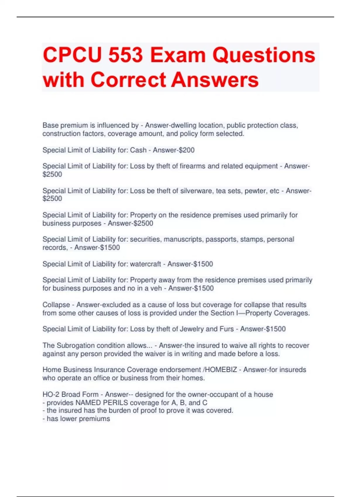 CPCU 553 Exam Questions with Correct Answers - CPCU 553 - Stuvia US