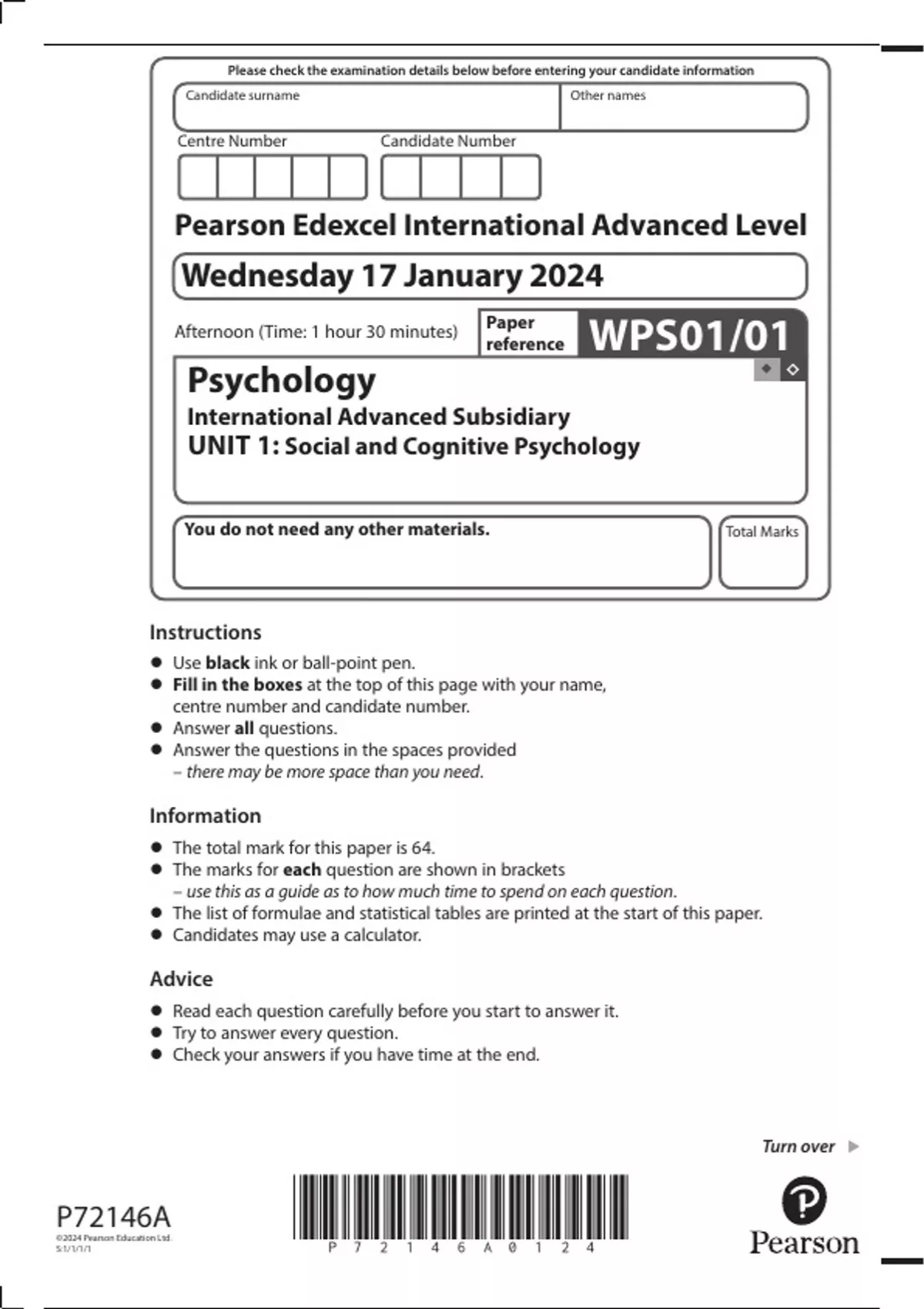 2024 Pearson Edexcel International Advanced Level Psychology Paper1 ...