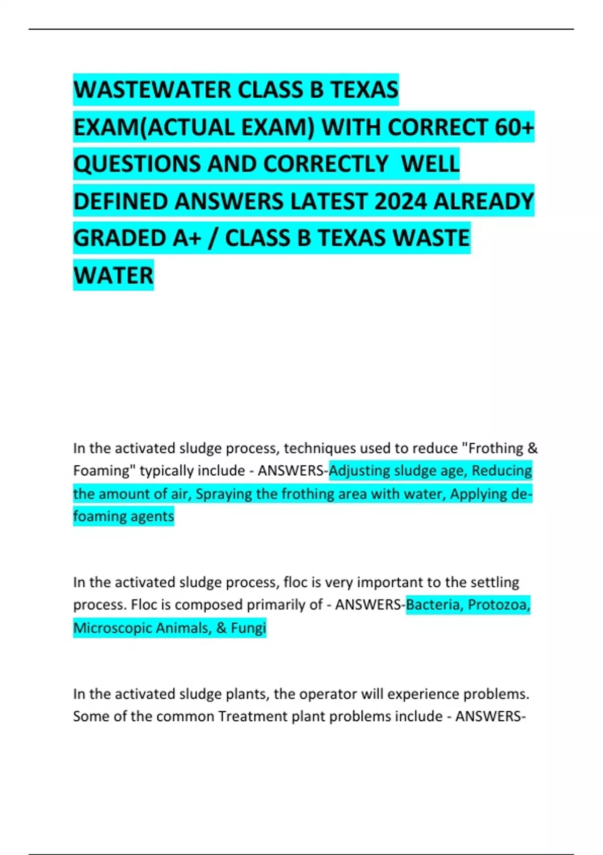 WASTEWATER CLASS B TEXAS EXAM(ACTUAL EXAM) WITH CORRECT 60+ QUESTIONS ...