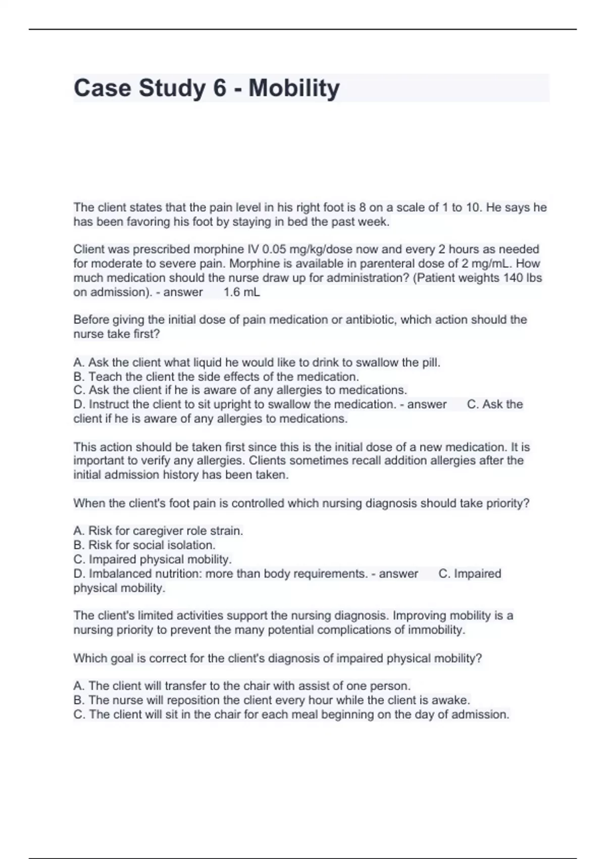 Case Study 6 - Mobility Questions and Answers 100% Correct - HESI ...