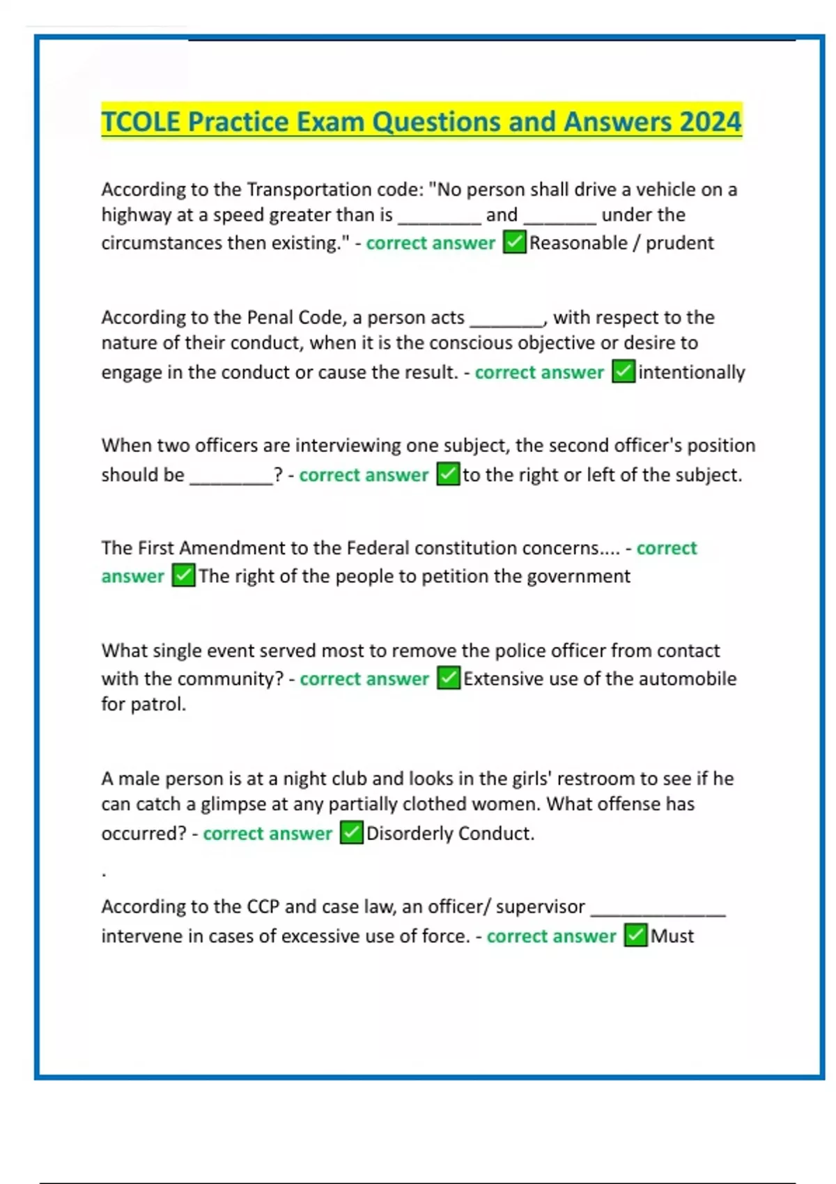 TCOLE Practice Exam Questions and Answers 2024 - TCOLE - Stuvia US