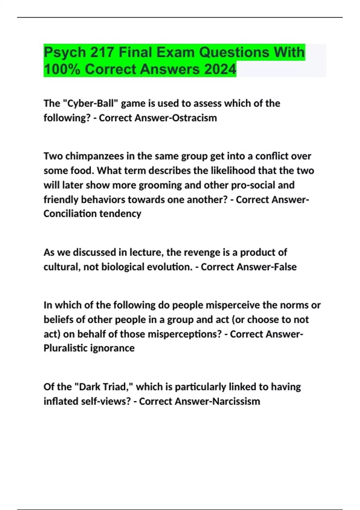 Psych 217 Final Exam Questions With 100% Correct Answers 2024 - Psych ...