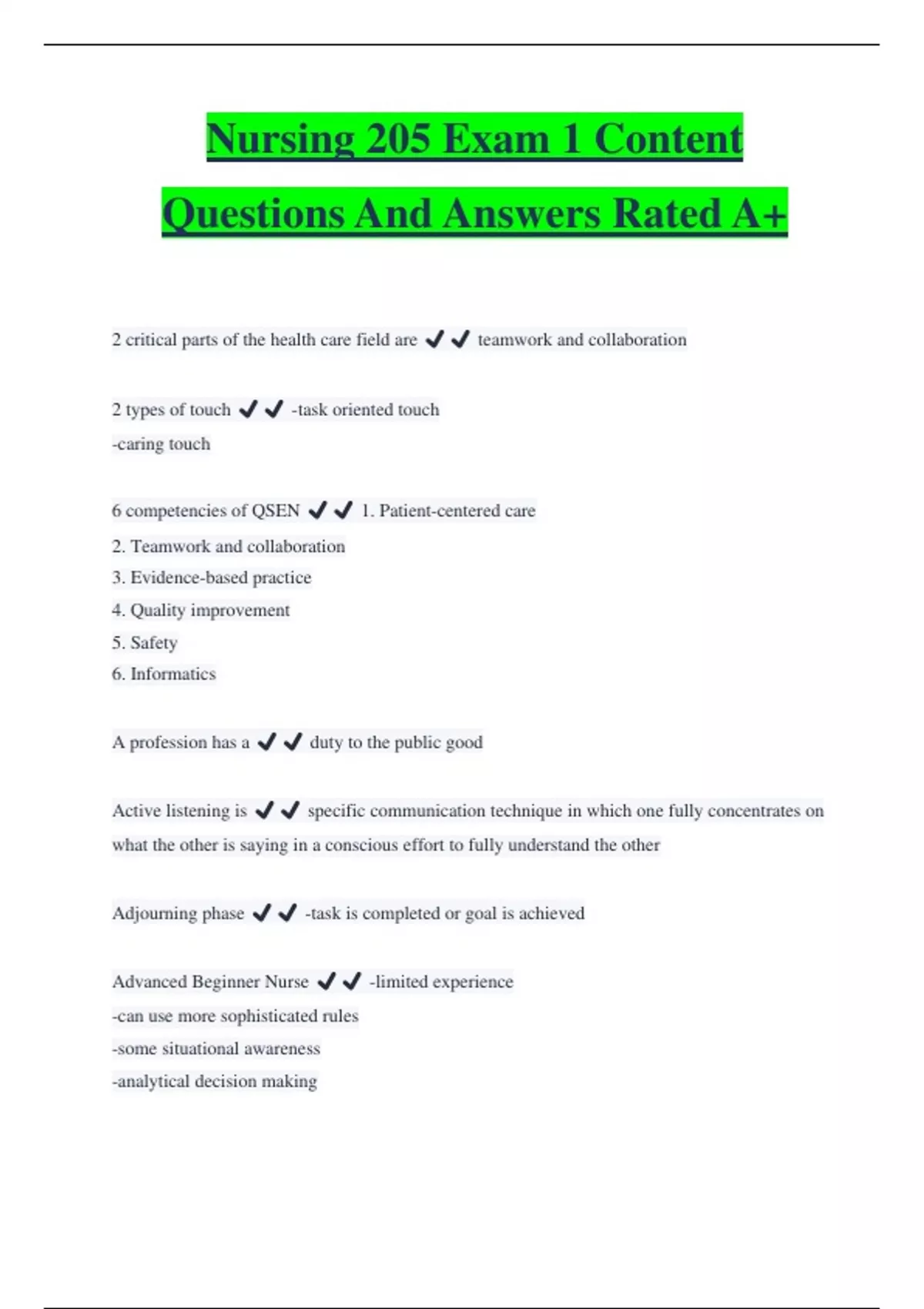 Nursing 205 Exam 1 Content Questions And Answers Rated A+ - Nursing 205 ...