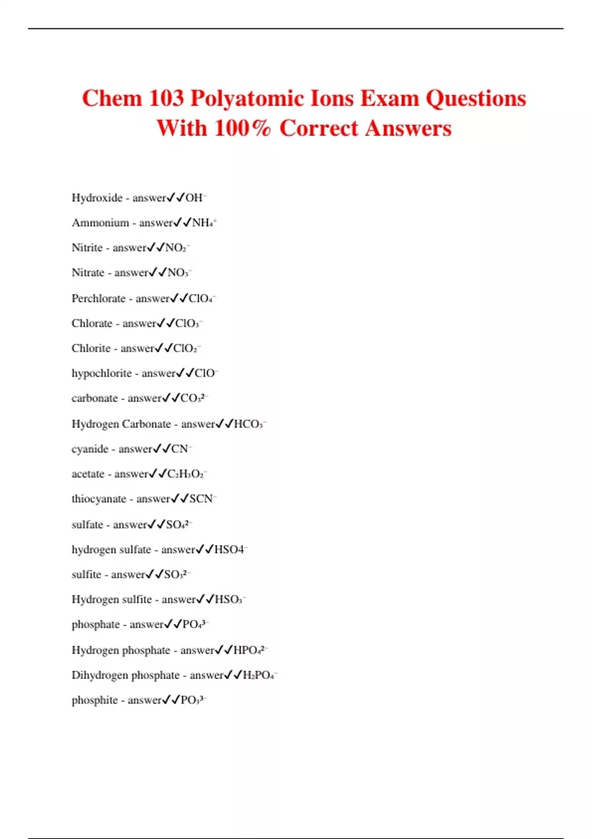 Chem 103 Polyatomic Ions Exam Questions With 100% Correct Answers ...