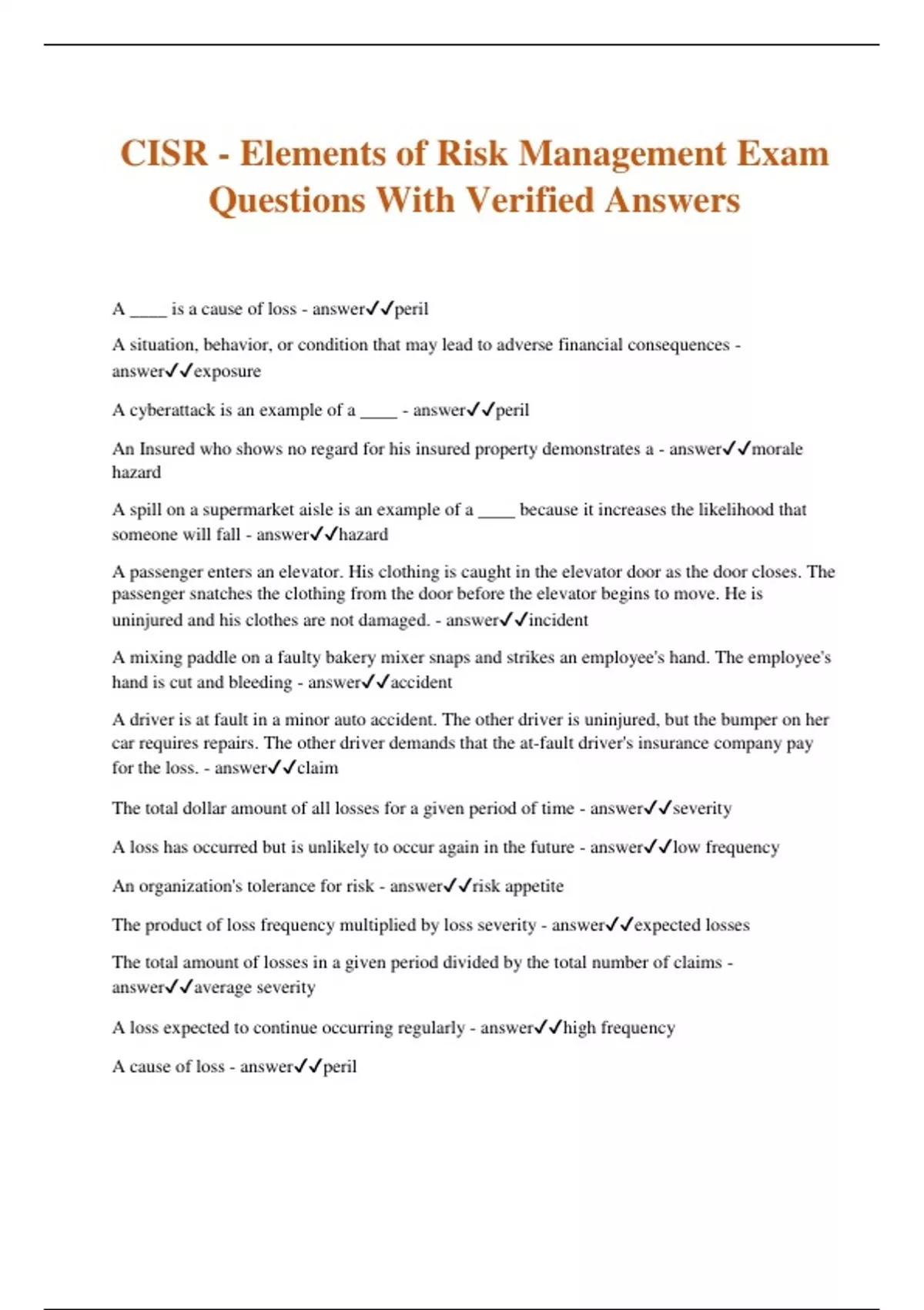 CISR - Elements of Risk Management Exam Questions With Verified Answers ...