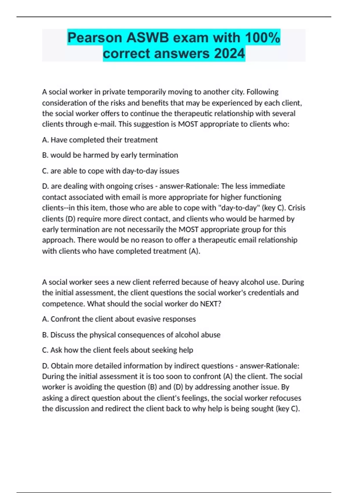 Pearson ASWB exam with 100% correct answers 2024 - ASWB - Stuvia US