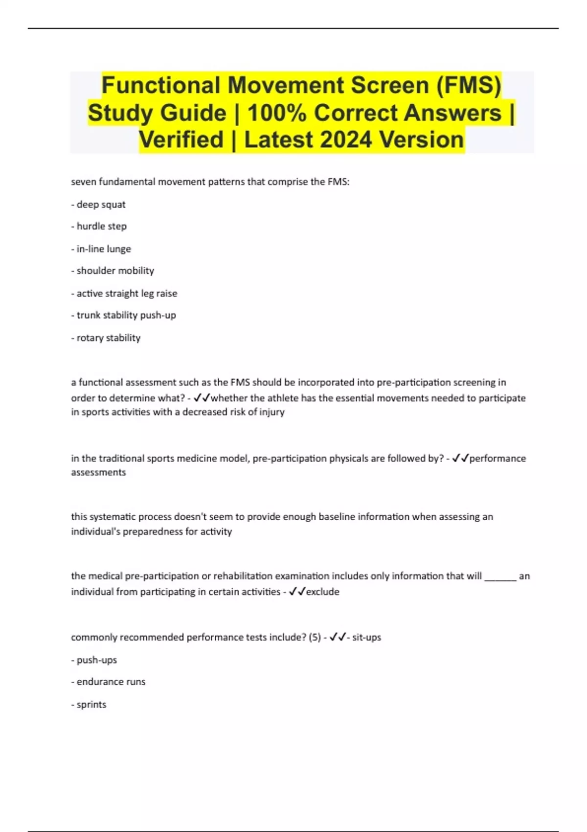 Functional Movement Screen (FMS) Study Guide | 100% Correct Answers ...