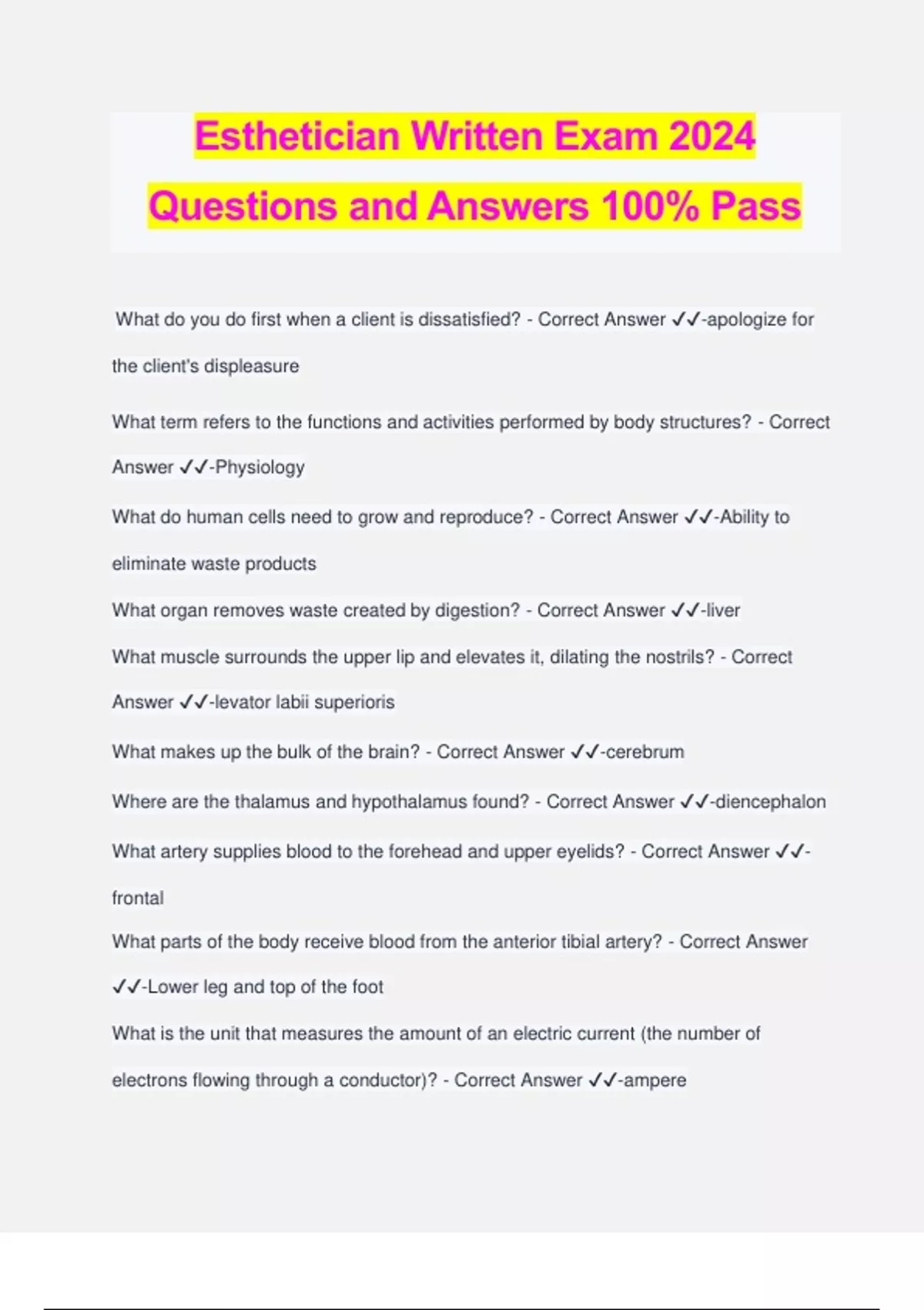 Esthetician Written Exam 2024 Questions and Answers 100% Pass ...