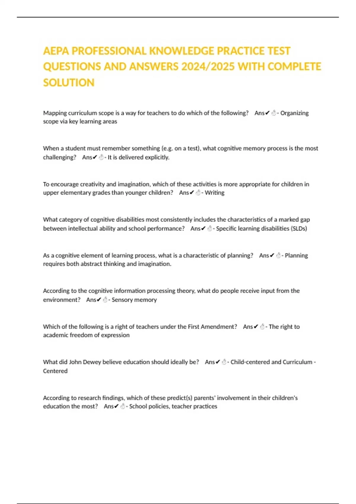 AEPA PROFESSIONAL KNOWLEDGE PRACTICE TEST QUESTIONS AND ANSWERS 2024/ ...