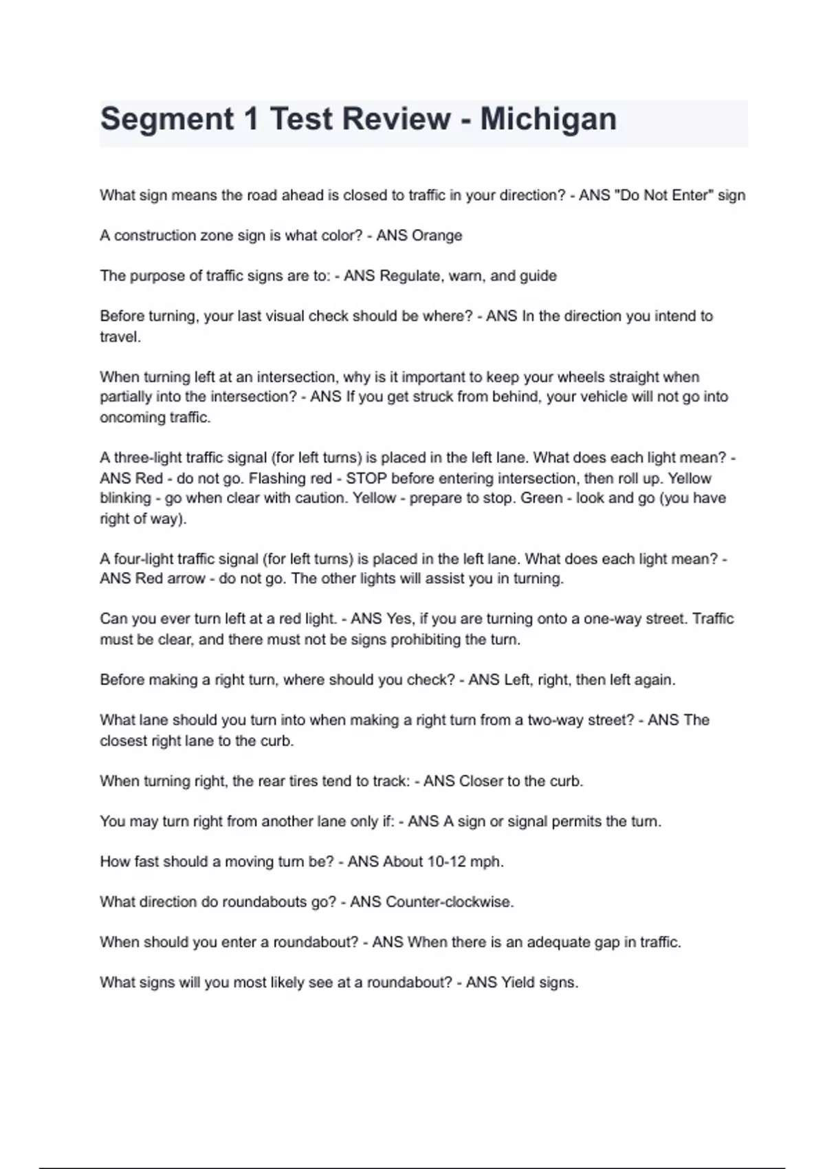 Segment 1 Test Review - Michigan Exam 2024/2025 Questions With ...