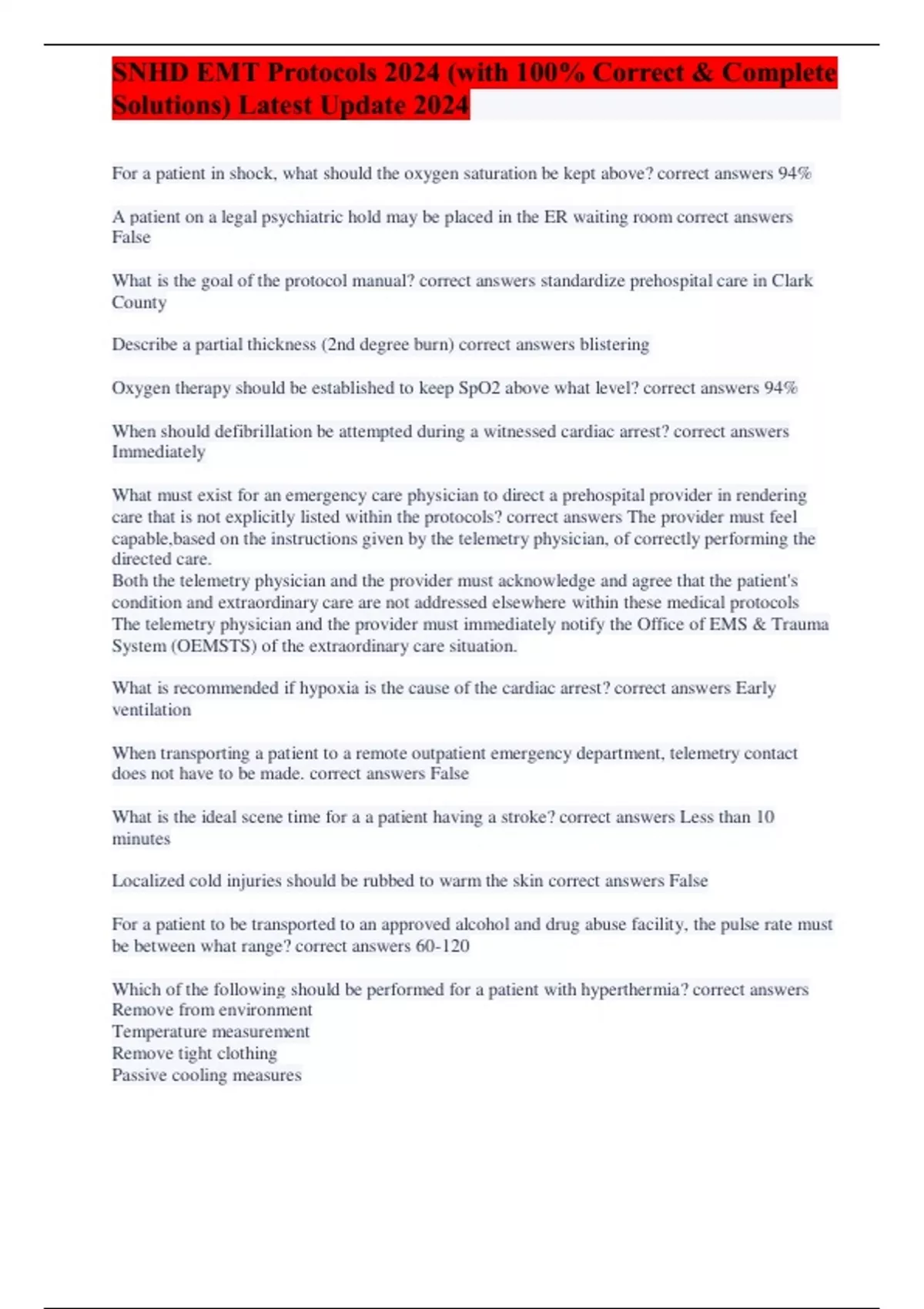 SNHD EMT Protocols 2024 (with 100% Correct & Complete Solutions) Latest ...