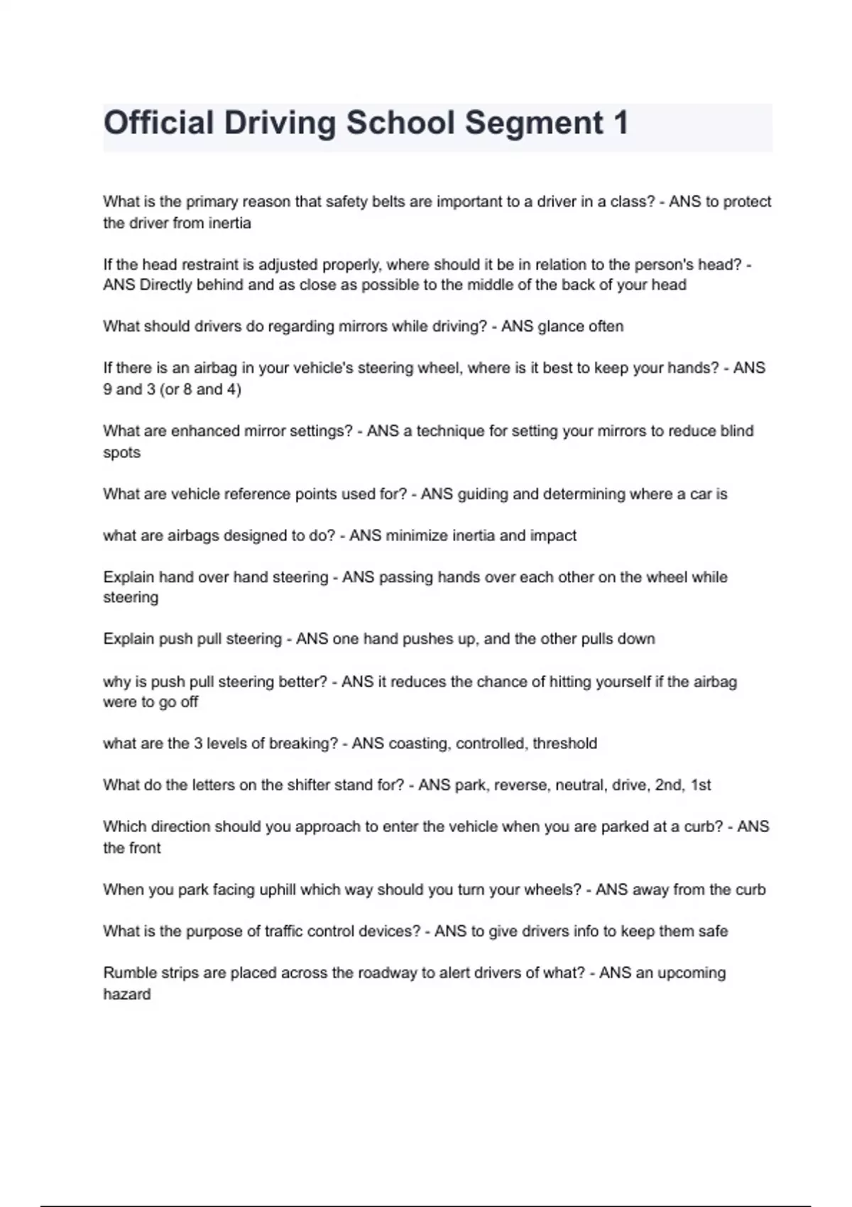 Official Driving School Segment 1 Exam 2024/2025 Questions With ...