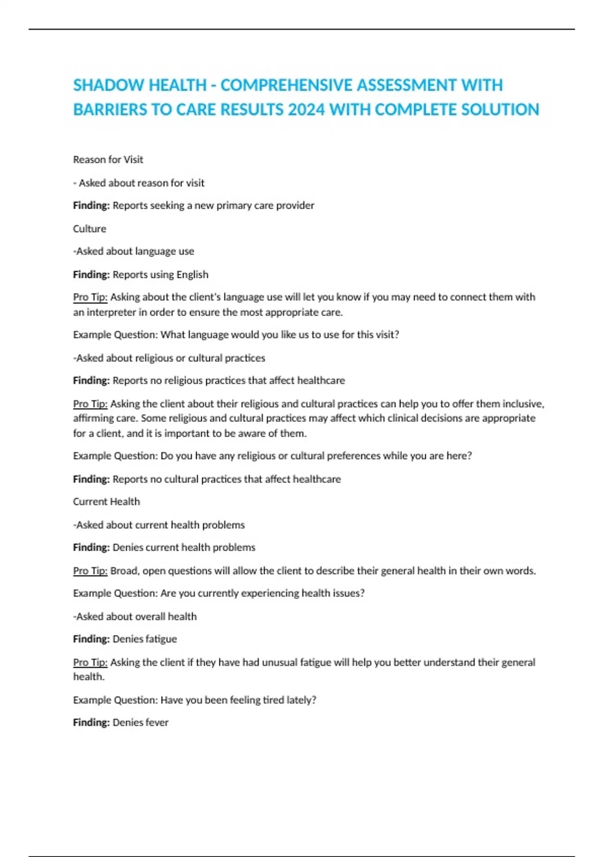 SHADOW HEALTH - COMPREHENSIVE ASSESSMENT WITH BARRIERS TO CARE RESULTS ...