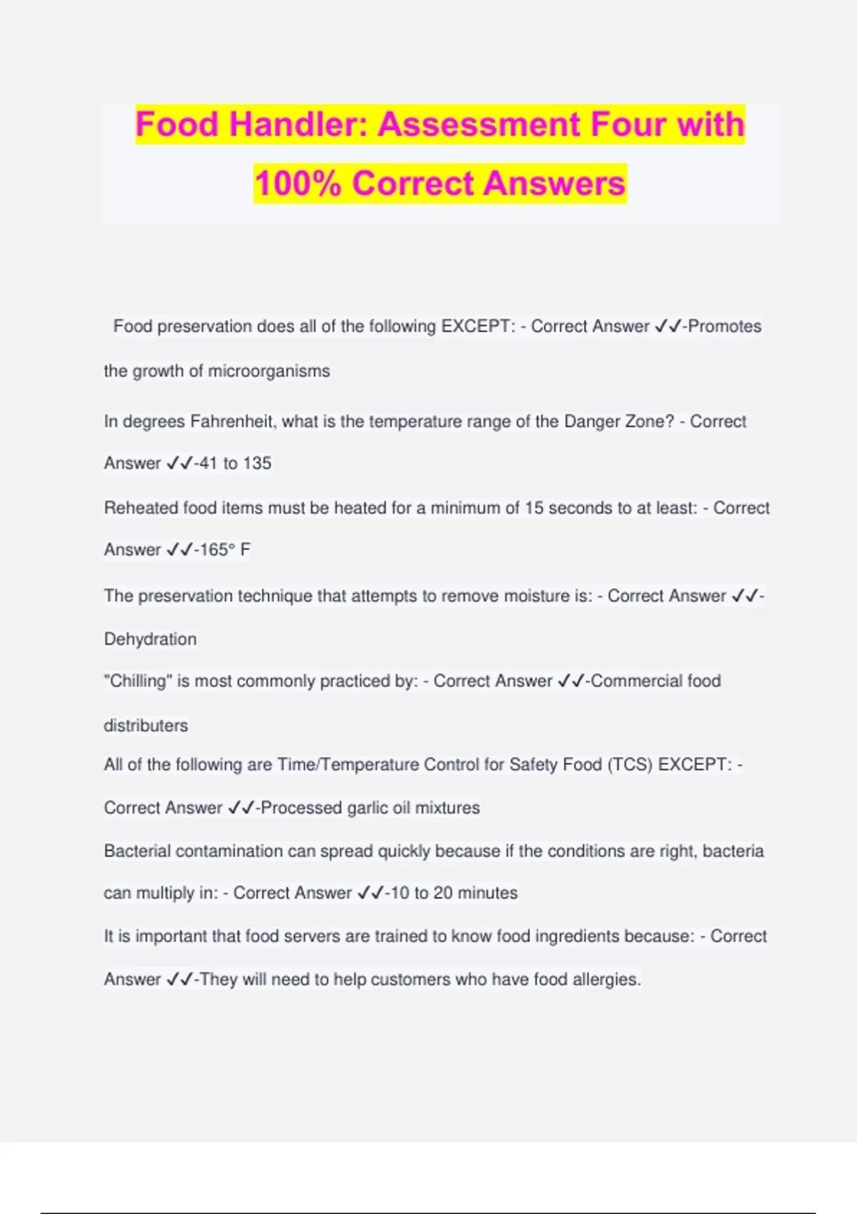 Food Handler: Assessment Four with 100% Correct Answers - Food handlers ...