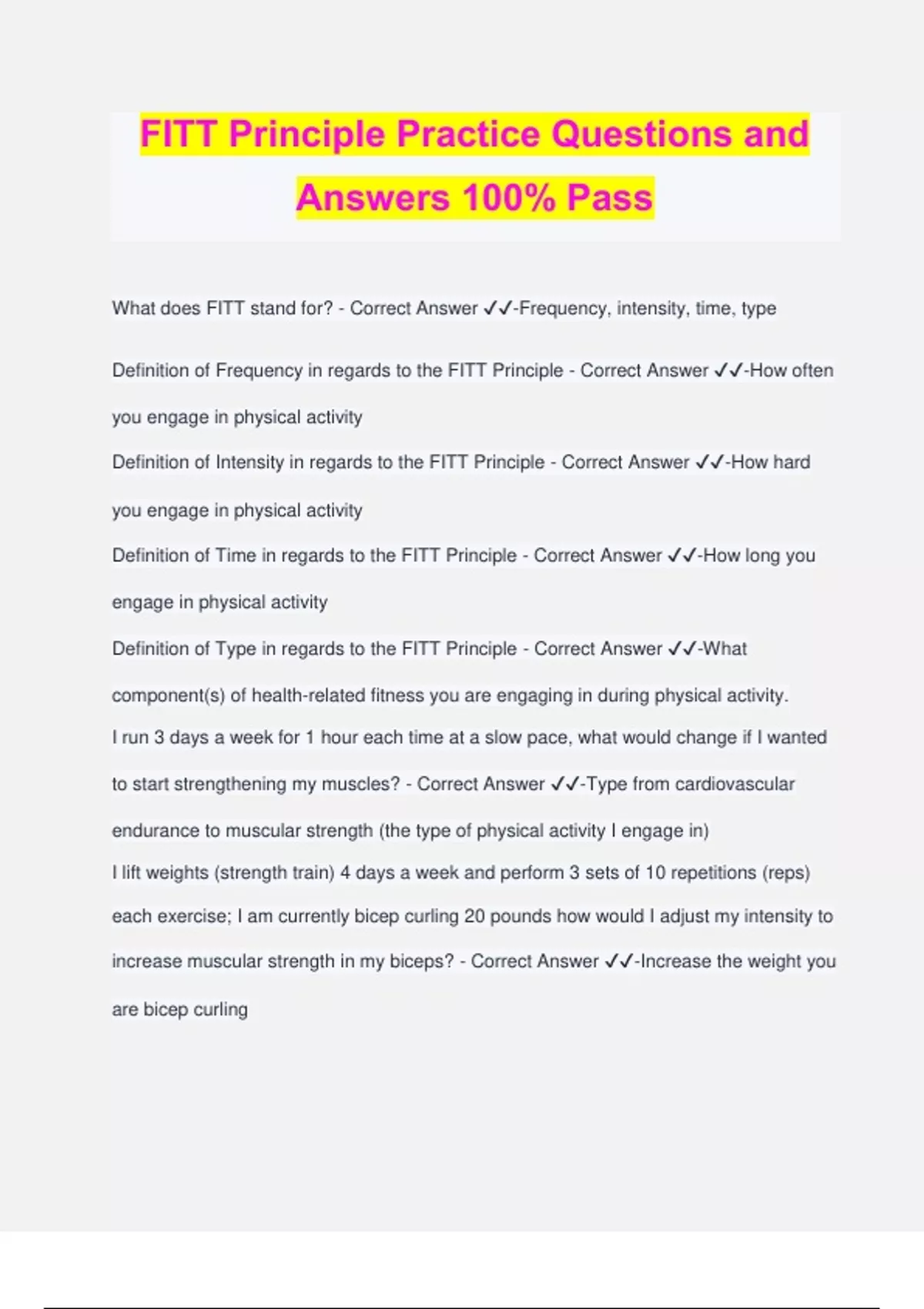 FITT Principle Practice Questions and Answers 100% Pass - FITT ...