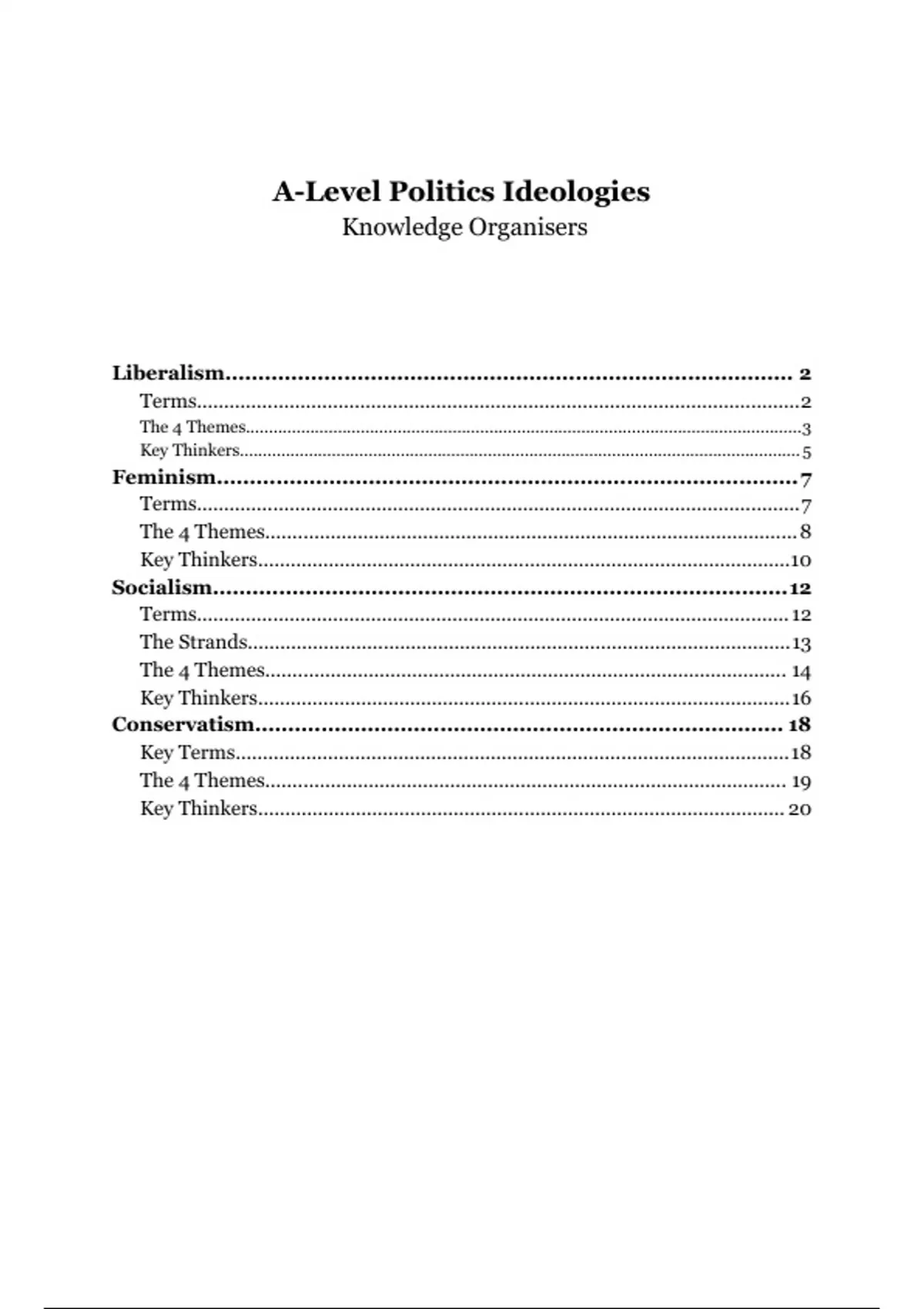 Summary A-Level Politics Ideologies Knowledge Organiser (Socialism ...