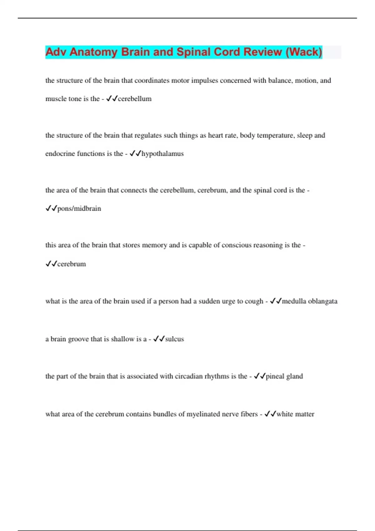 Adv Anatomy Brain and Spinal Cord Review (Wack) - Adv Anatomy Brain and ...
