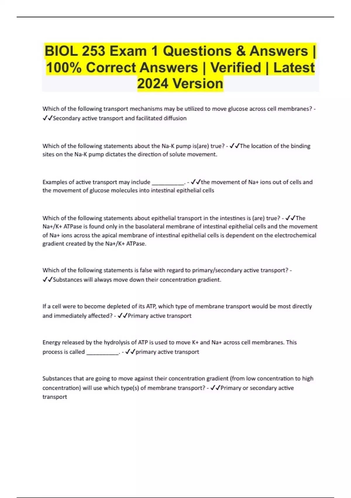 BIOL 253 Exam 1 Questions & Answers | 100% Correct Answers | Verified ...