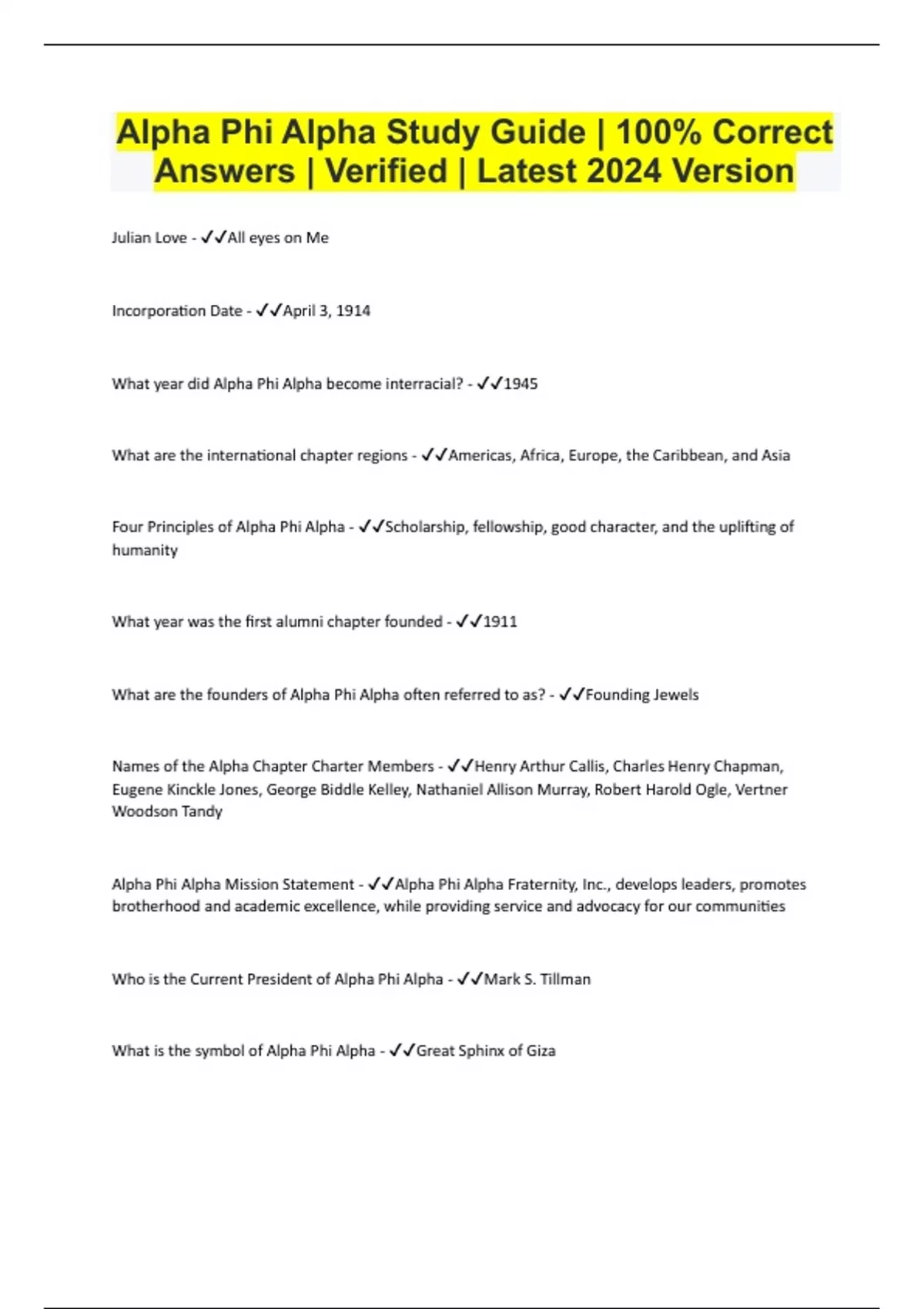 Alpha Phi Alpha Study Guide | 100% Correct Answers | Verified | Latest ...