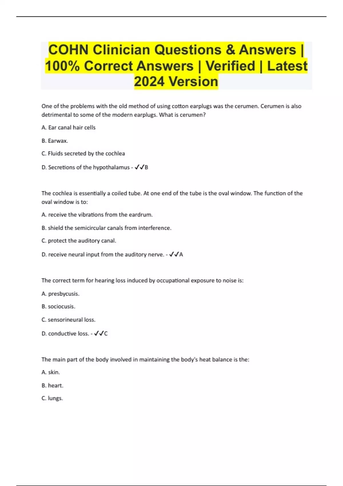 COHN Clinician Questions & Answers | 100% Correct Answers | Verified ...