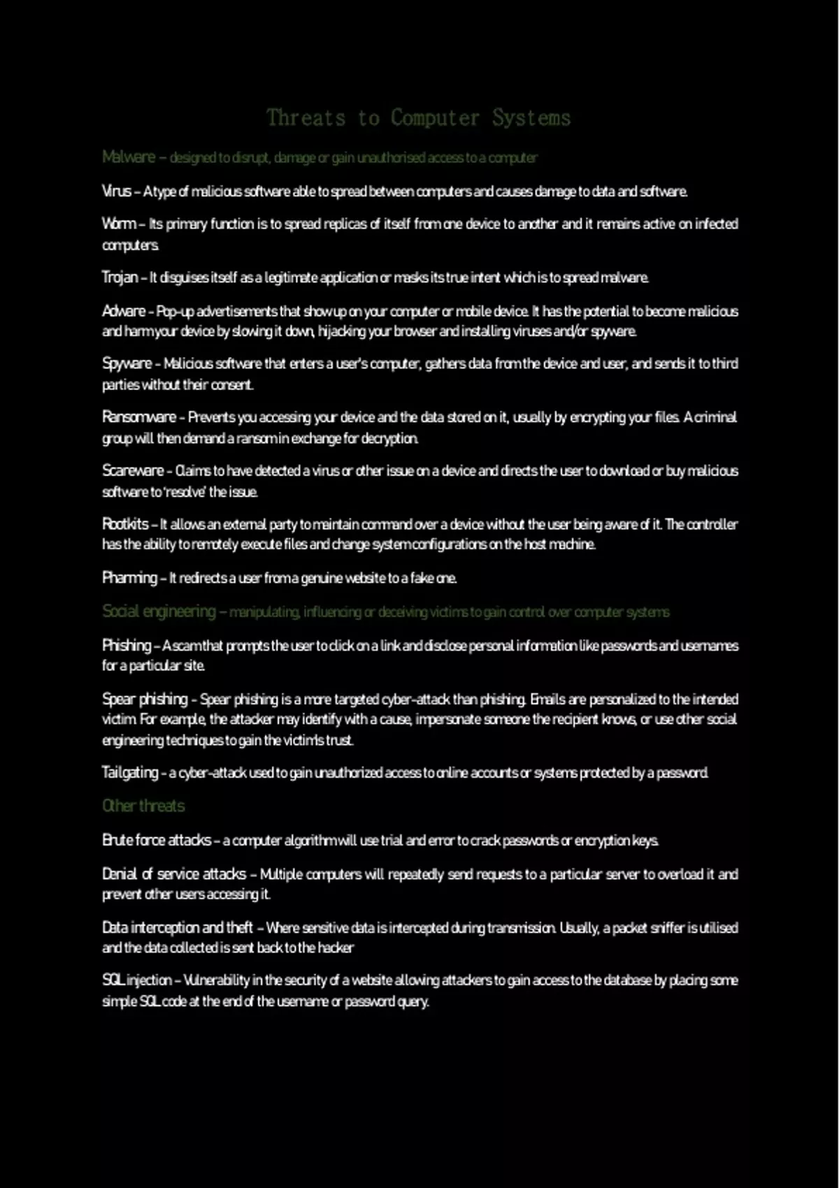 Summary GCSE OCR Threats To Computer Systems Poster - Computing - Stuvia UK