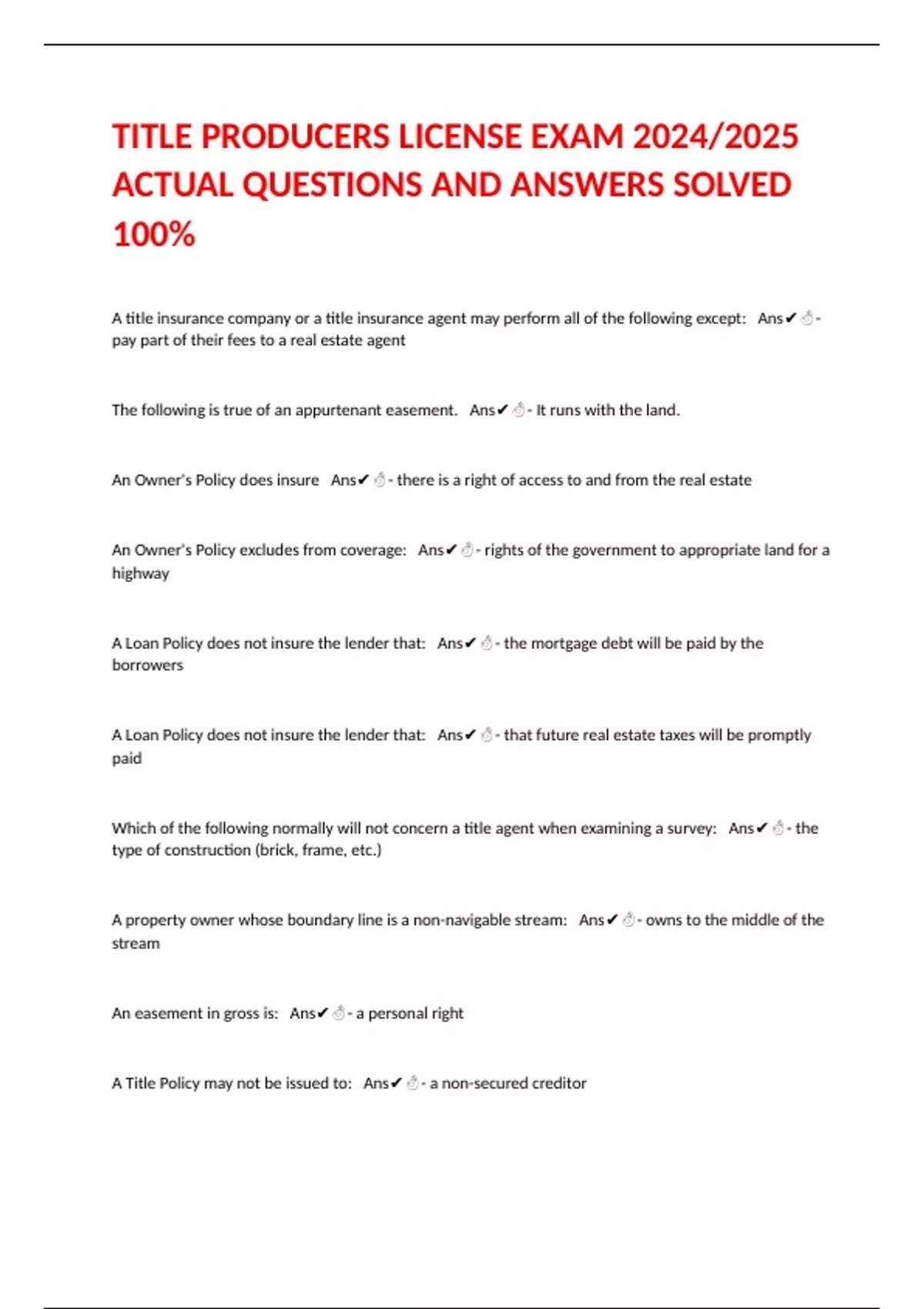 TITLE PRODUCERS LICENSE EXAM 2024/2025 ACTUAL QUESTIONS AND ANSWERS ...