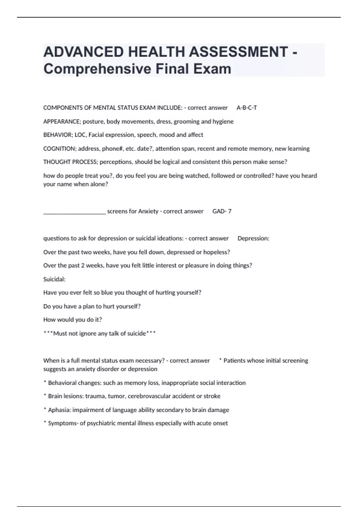 ADVANCED HEALTH ASSESSMENT - Comprehensive Final Exam With Complete ...