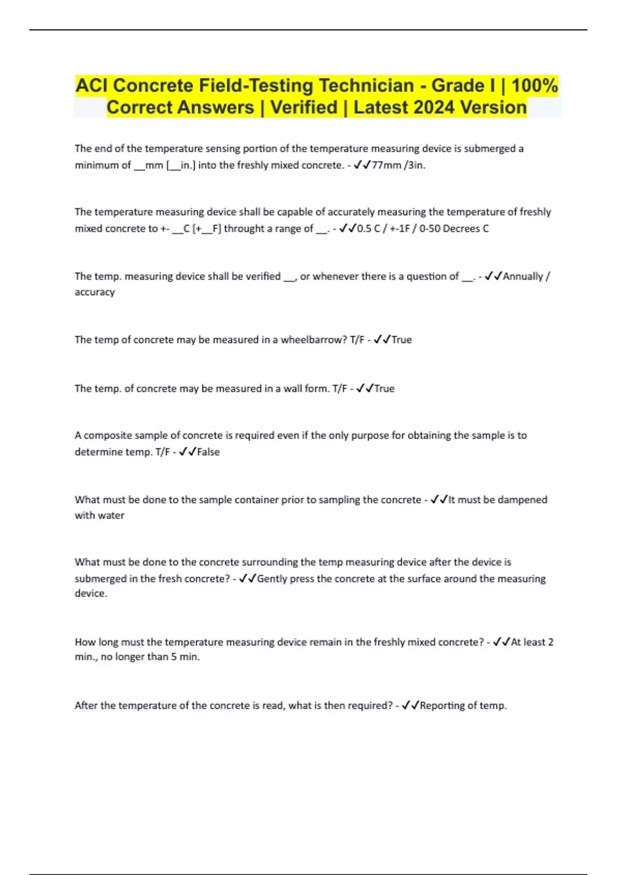 ACI Concrete Field-Testing Technician - Grade I | 100% Correct Answers ...