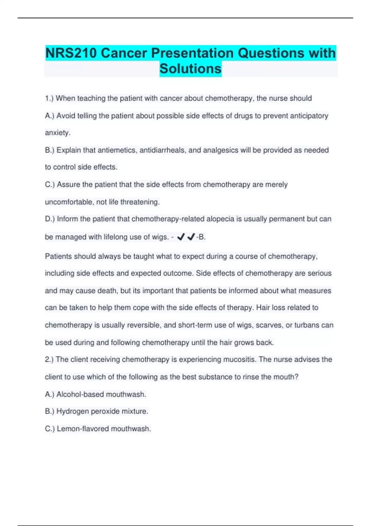 NRS210 Cancer Presentation Questions with Solutions - NRS210 - Stuvia US