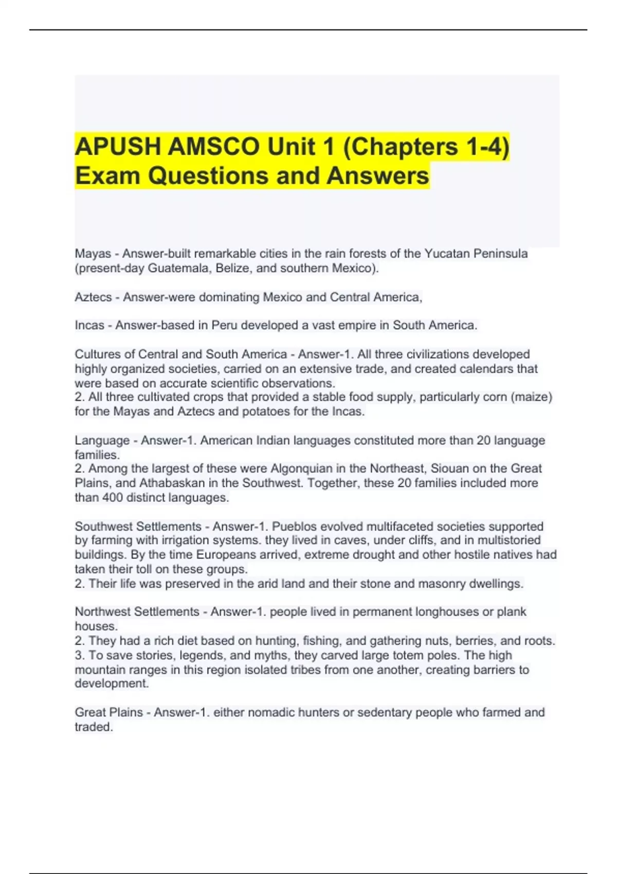 APUSH AMSCO Unit 1 (Chapters 1-4) Exam Questions and Answers - APUSH ...