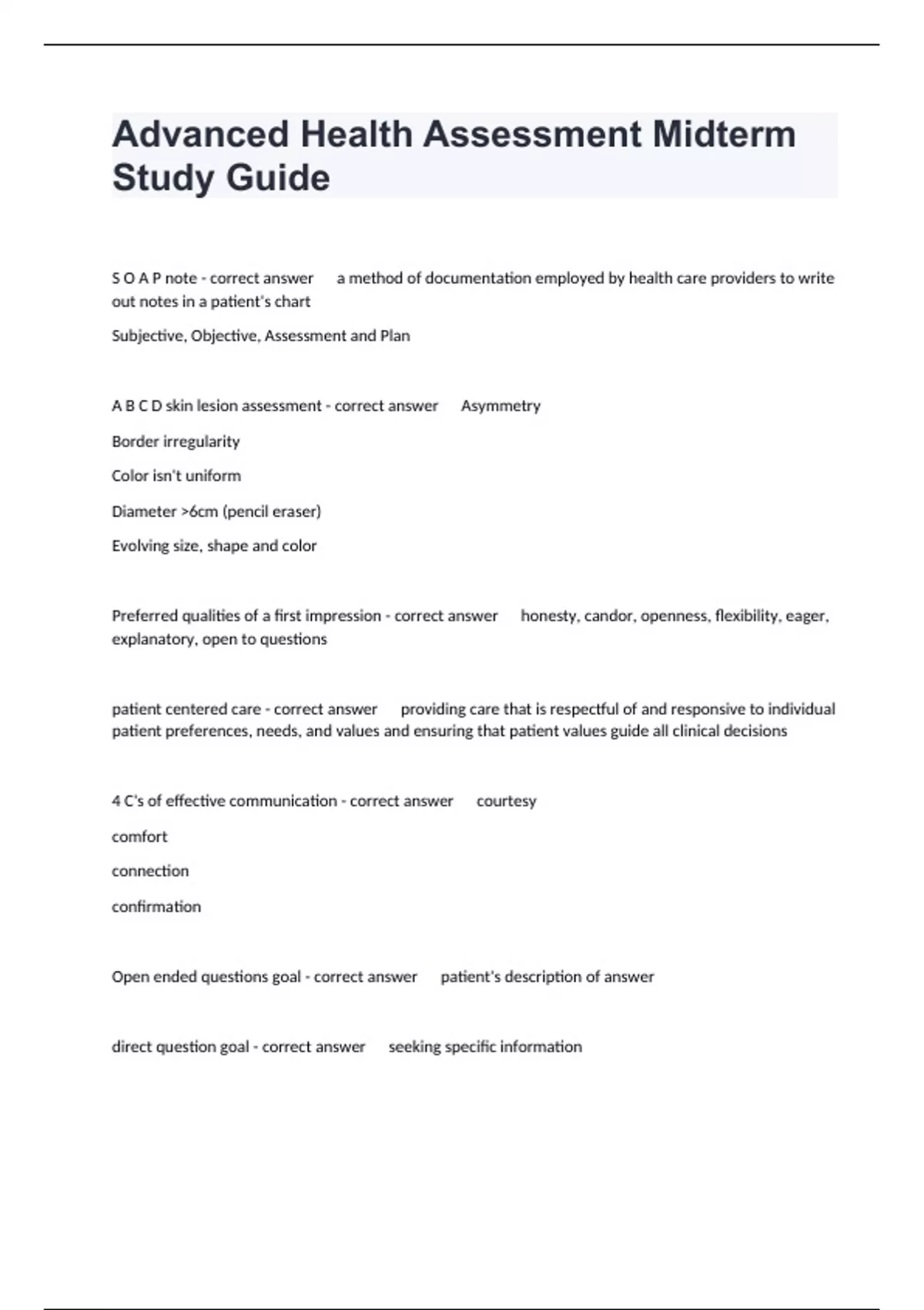 Advanced Health Assessment Midterm Study Guide Practice Questions Fully ...