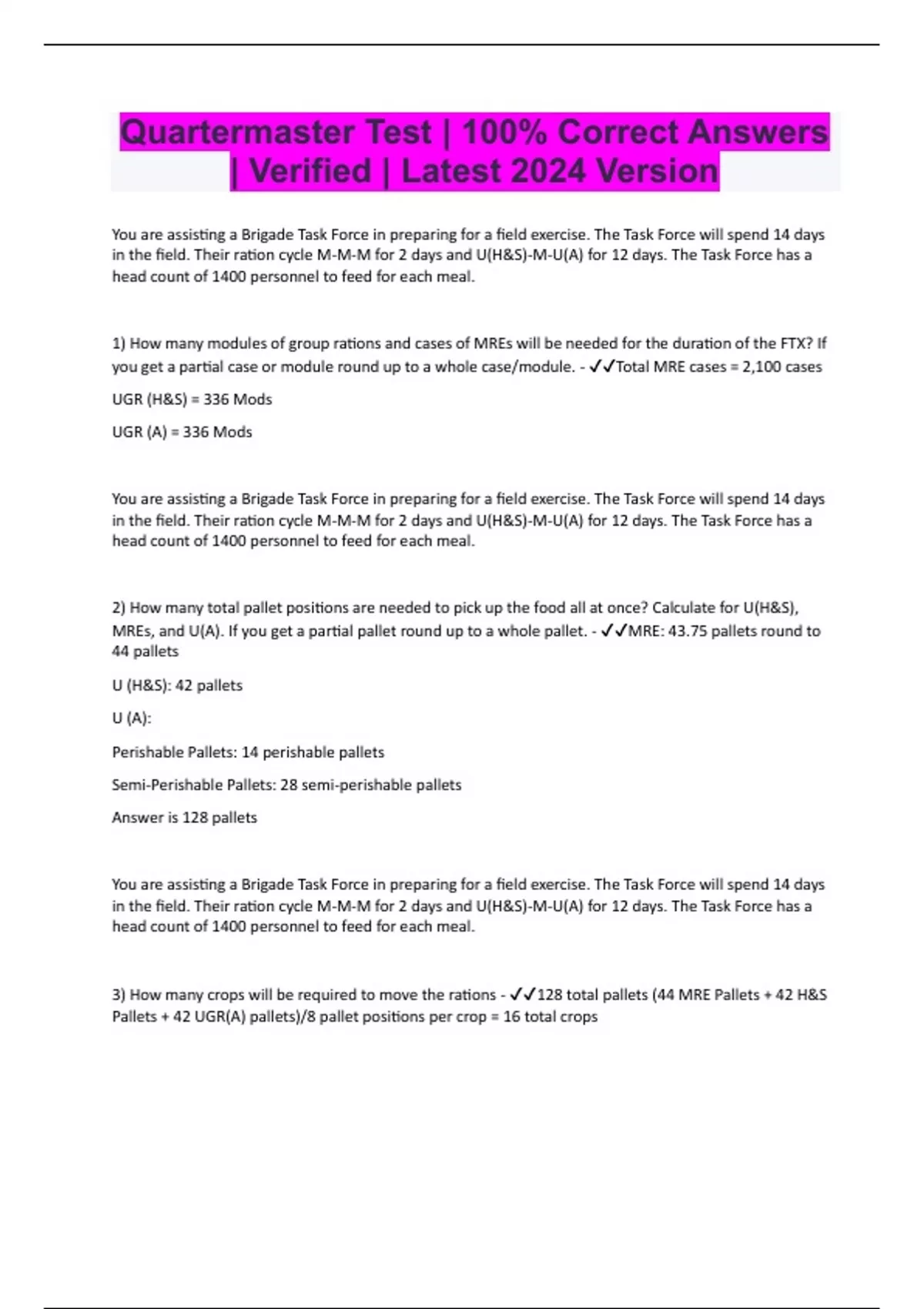 Quartermaster Test | 100% Correct Answers | Verified | Latest 2024 ...