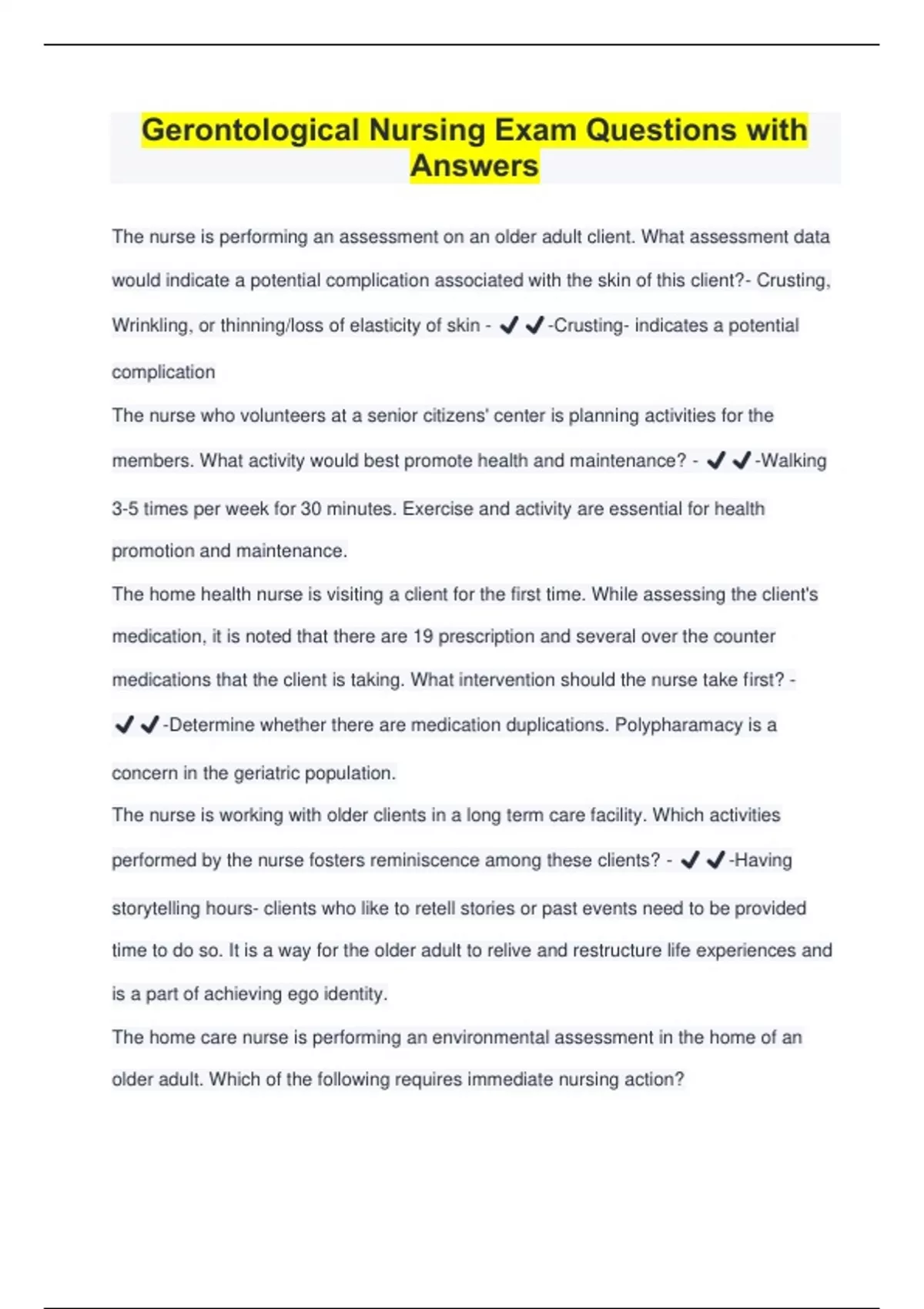Gerontological Nursing Exam Questions with Answers - Gerontological ...