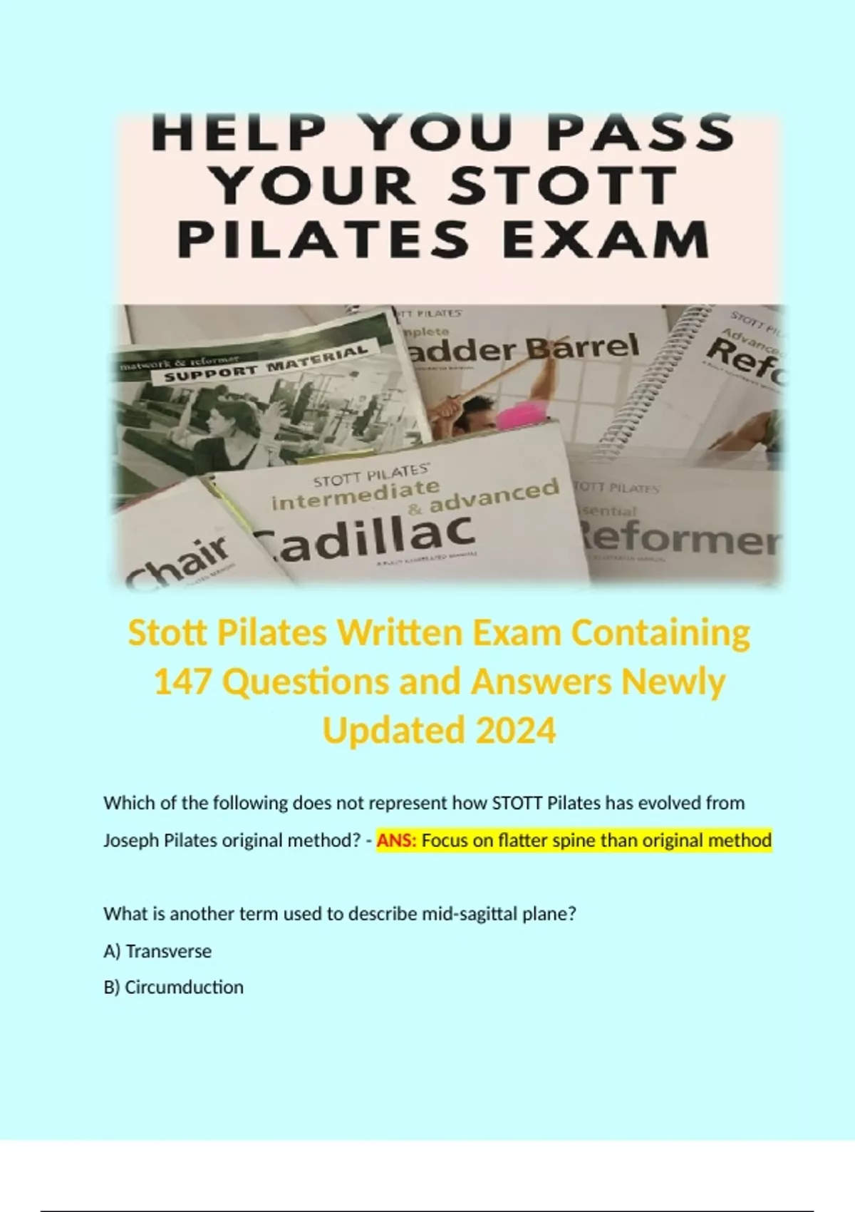 Stott Pilates Written Exam Containing 147 Questions and Answers Newly ...