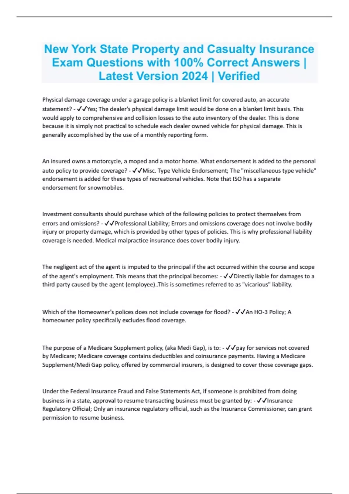 New York State Property and Casualty Insurance Exam Questions with 100% ...