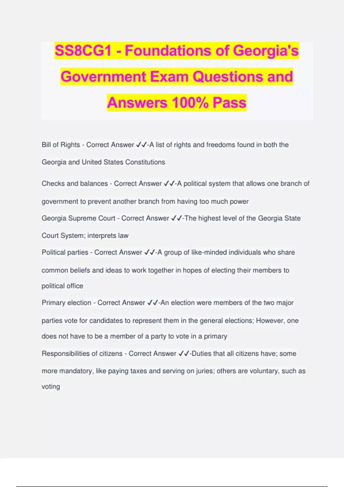 SS8CG1 - Foundations of Georgia's Government Exam Questions and Answers ...
