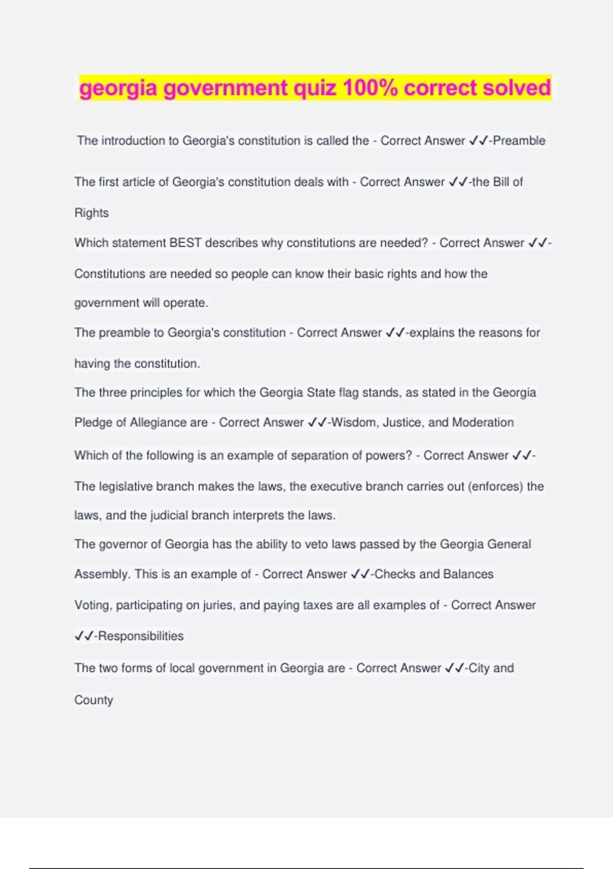 georgia government quiz 100% correct solved - Georgia Government ...