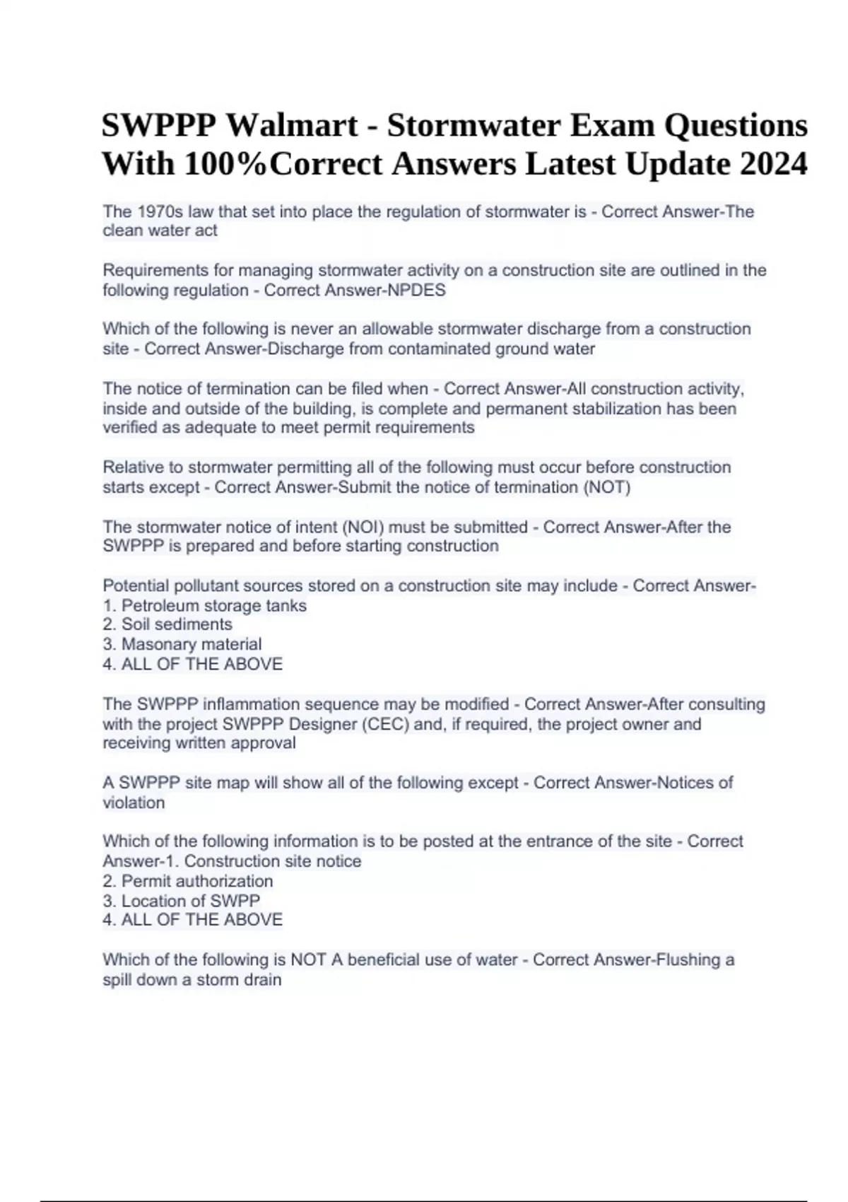 SWPPP Walmart - Stormwater Exam Questions With 100%Correct Answers ...