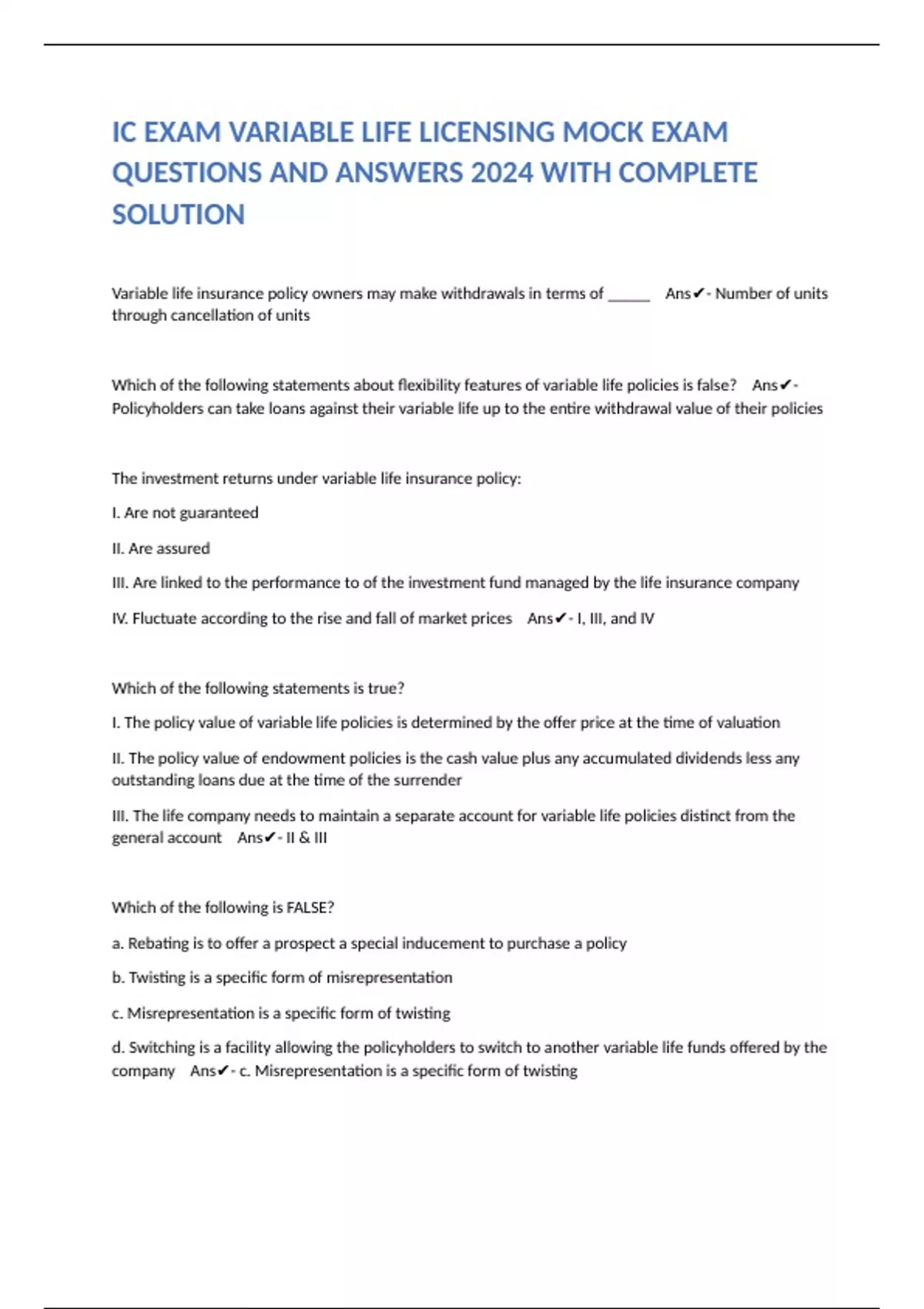 IC VARIABLE LIFE LICENSING MOCK EXAM QUESTIONS AND ANSWERS 2024 WITH ...