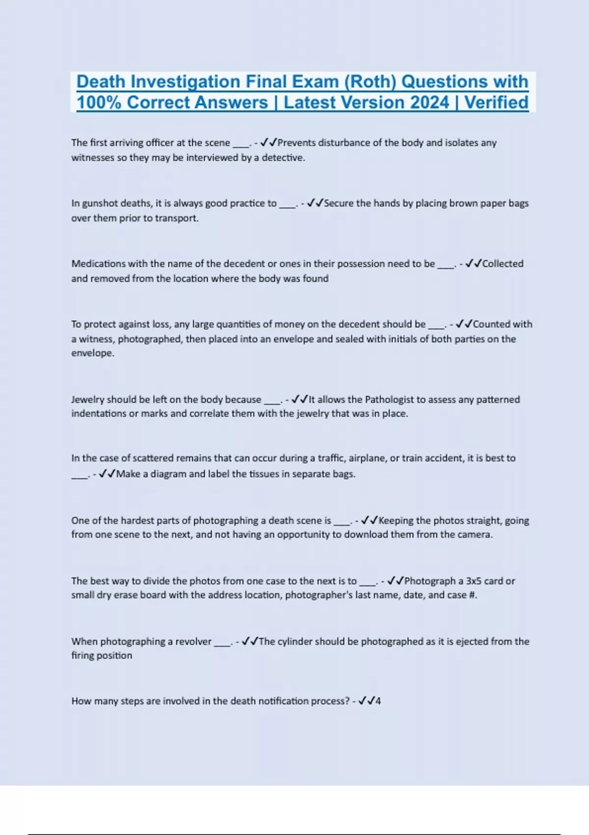 Death Investigation Final Exam (Roth) Questions with 100% Correct ...