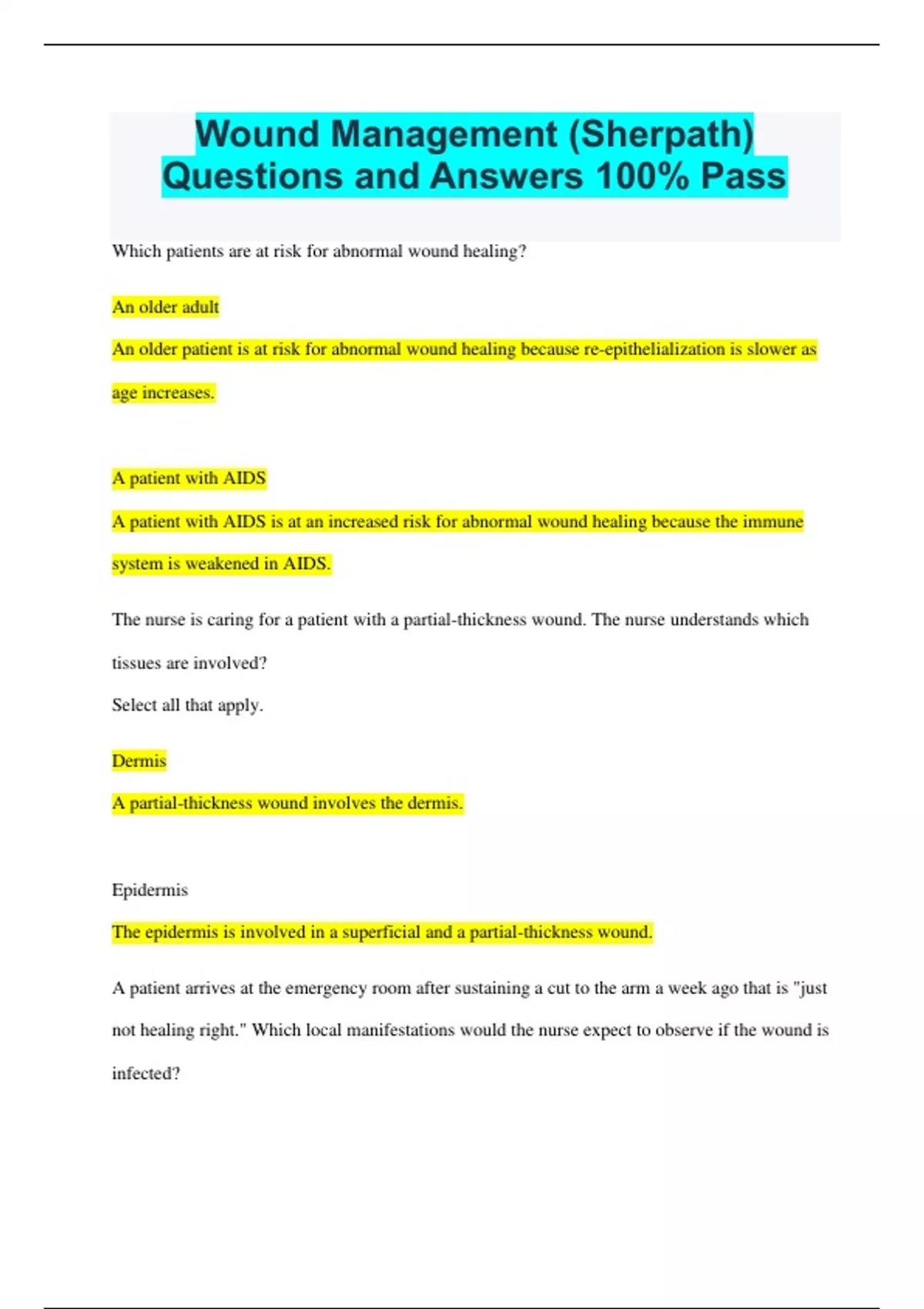 Wound Management (Sherpath) Questions and Answers 100% Pass - Wound ...