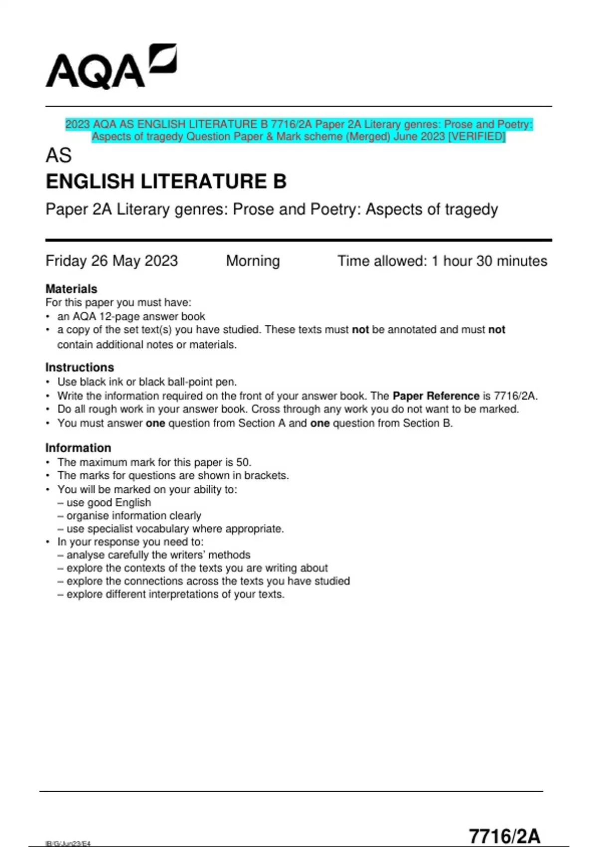 2023 AQA AS ENGLISH LITERATURE B 7716/2A Paper 2A Literary genres ...