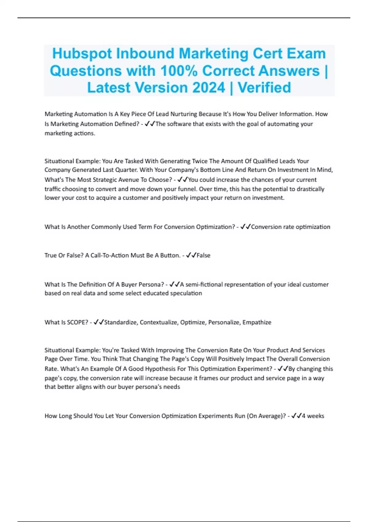 Hubspot Inbound Marketing Cert Exam Questions with 100% Correct Answers ...