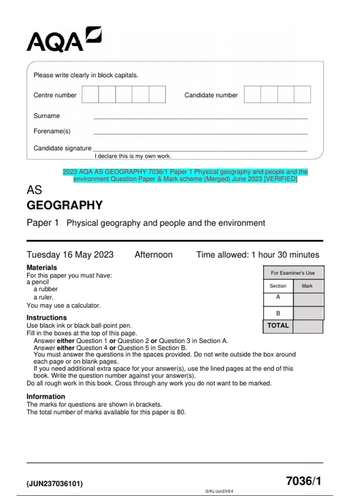 2023 AQA AS GEOGRAPHY 7036/1 Paper 1 Physical geography and people and ...