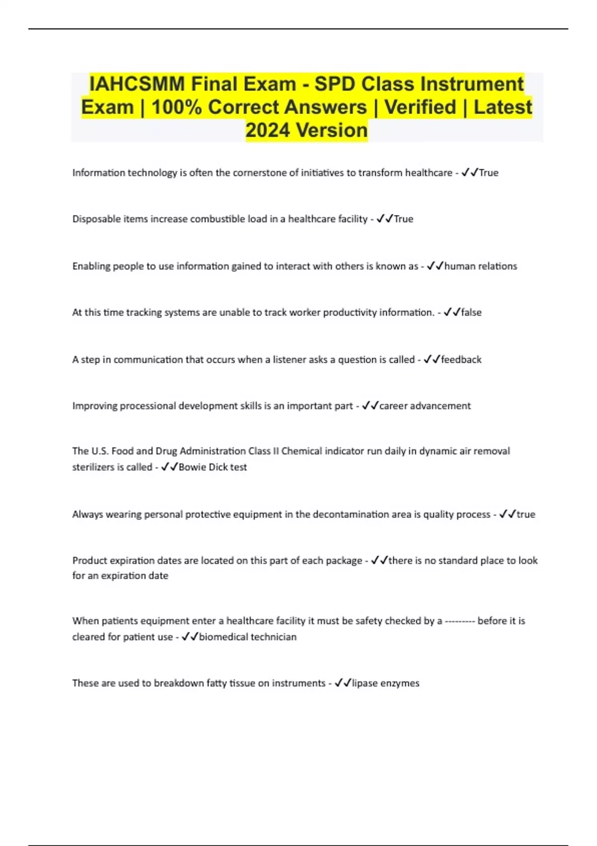 IAHCSMM Final Exam - SPD Class Instrument Exam | 100% Correct Answers ...