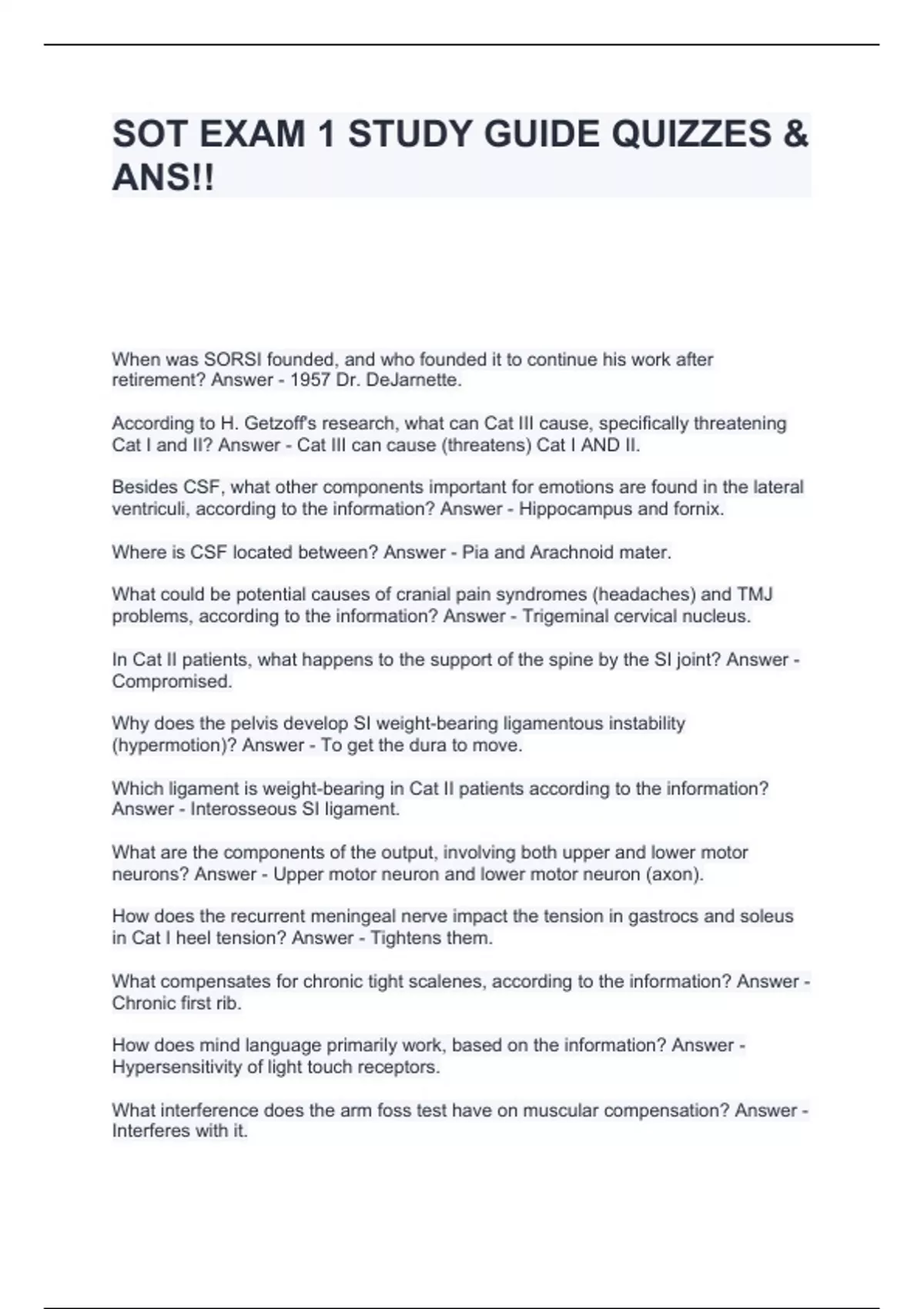 SOT EXAM 1 STUDY GUIDE QUIZZES & ANS!! - SOT - Stuvia US