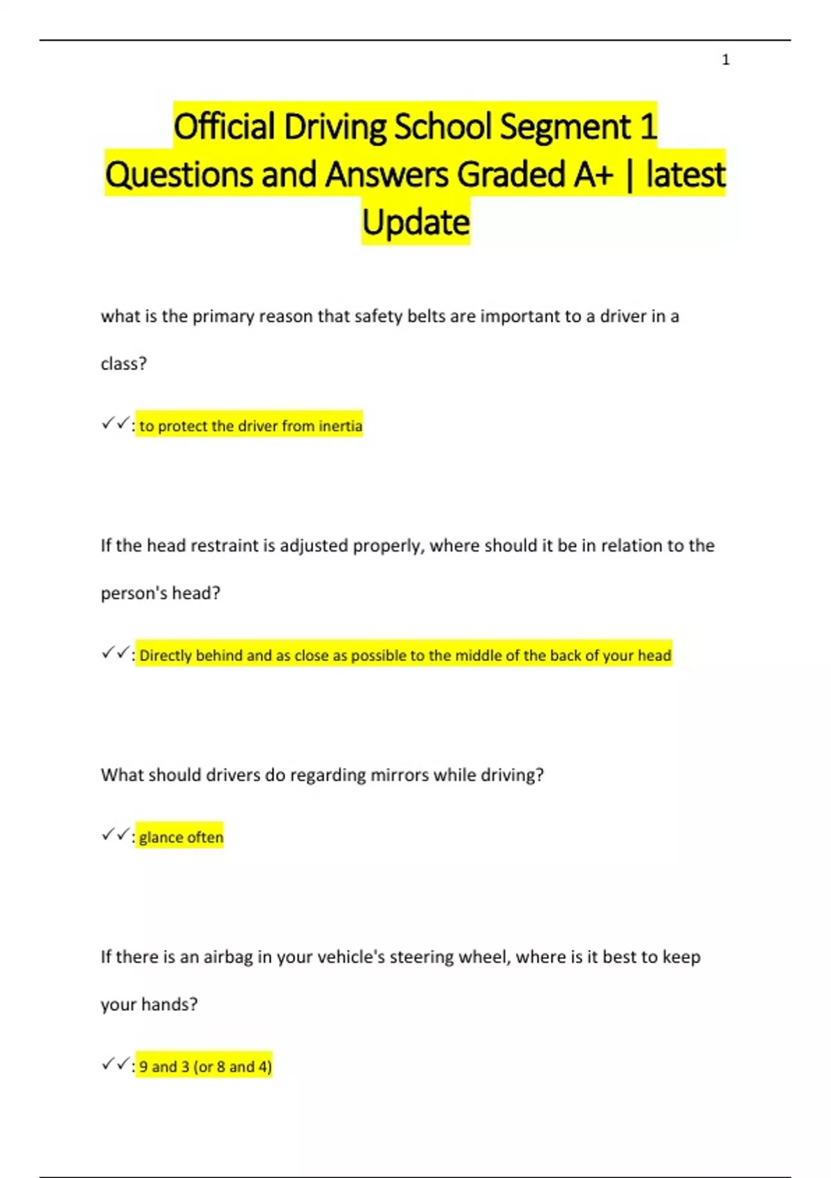 Official Driving School Segment 1 Questions and Answers Graded A+ ...