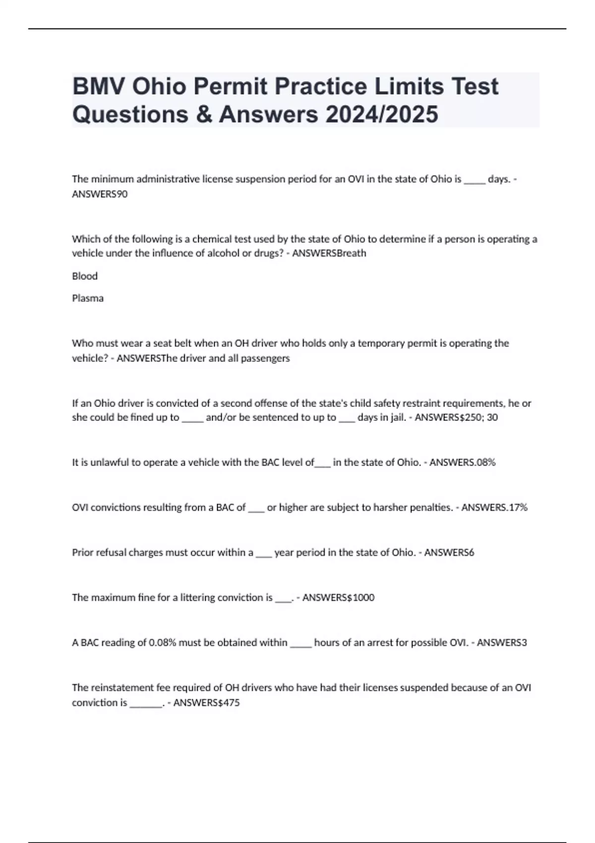 BMV Ohio Permit Practice Limits Test Questions & Answers 2024/2025 ...