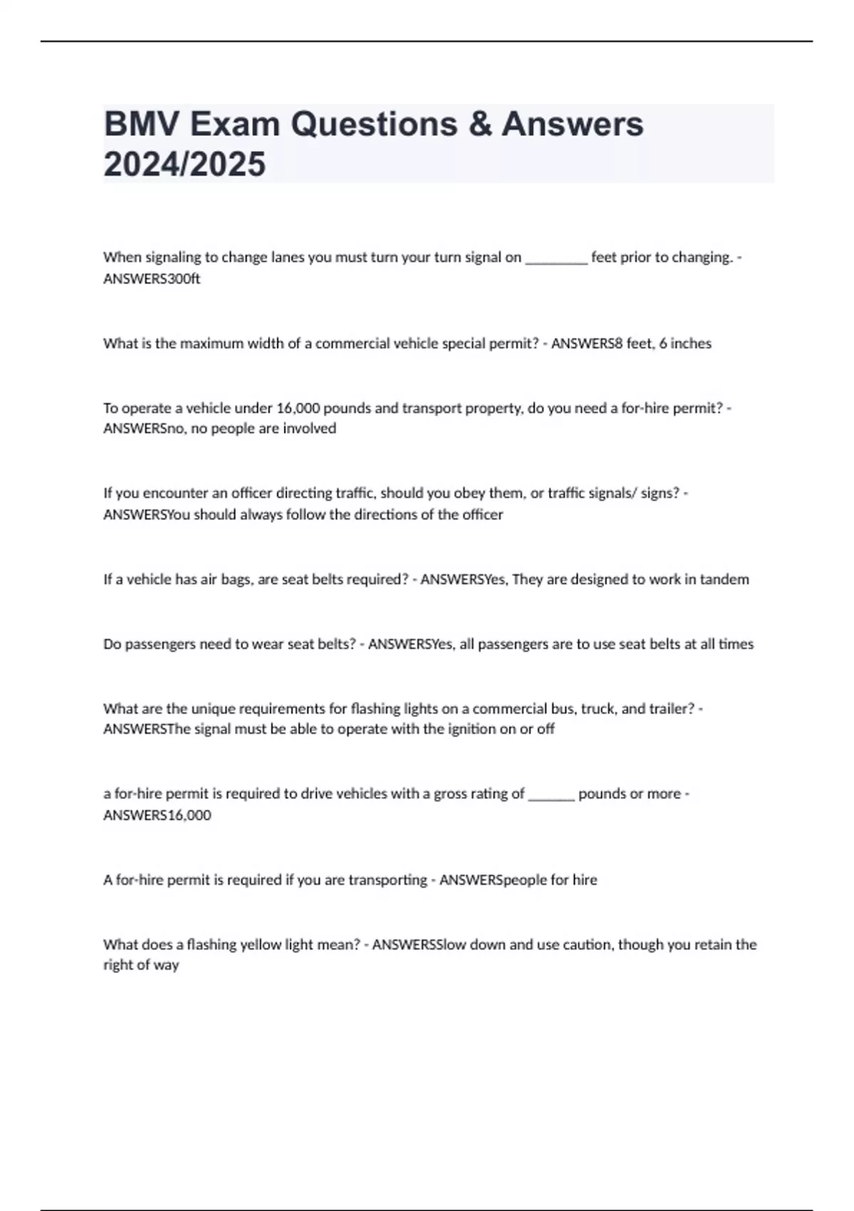 BMV Exam Questions & Answers 2024/2025 - BMV - Stuvia US