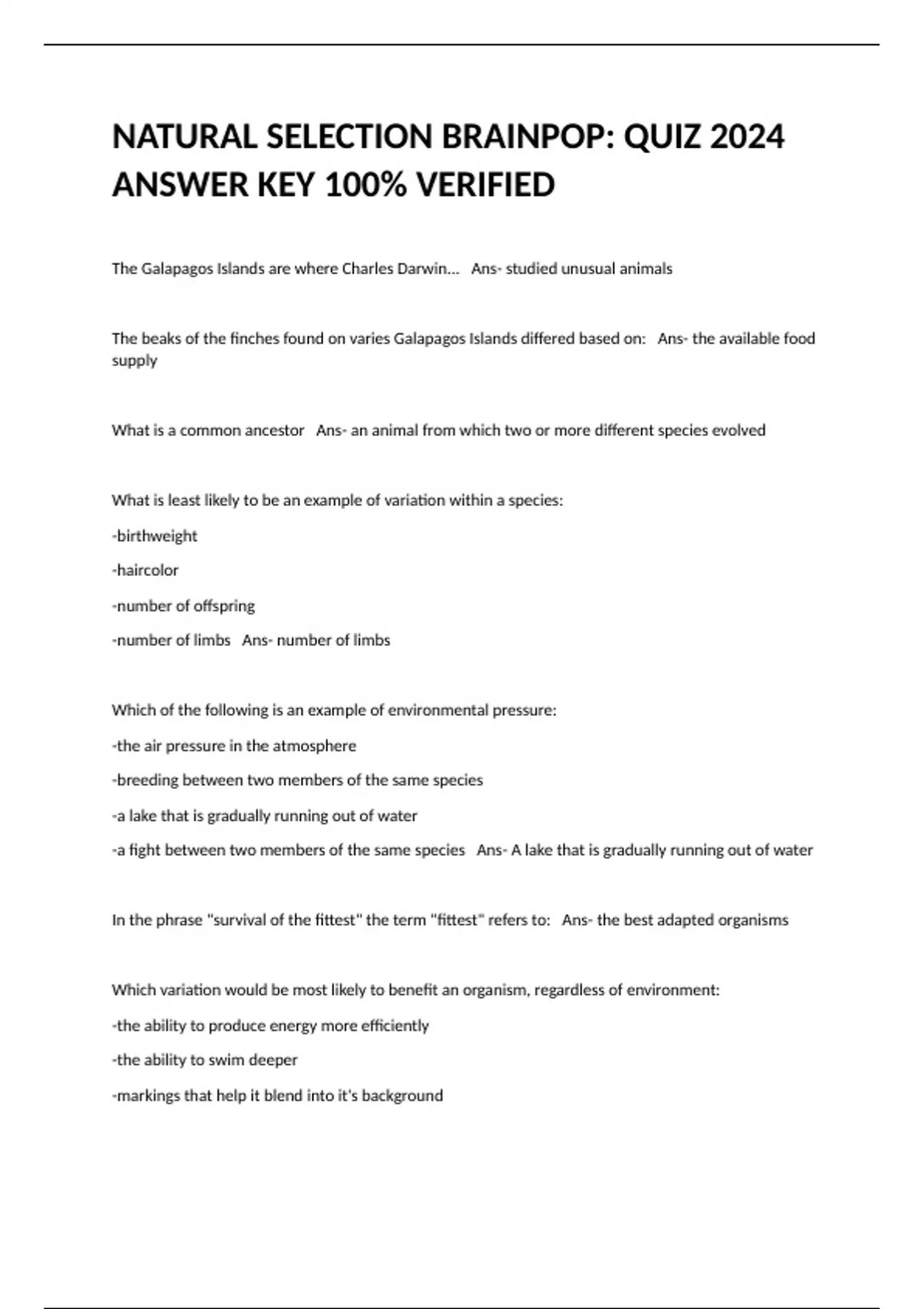 NATURAL SELECTION BRAINPOP: QUIZ 2024 ANSWER KEY 100% VERIFIED ...